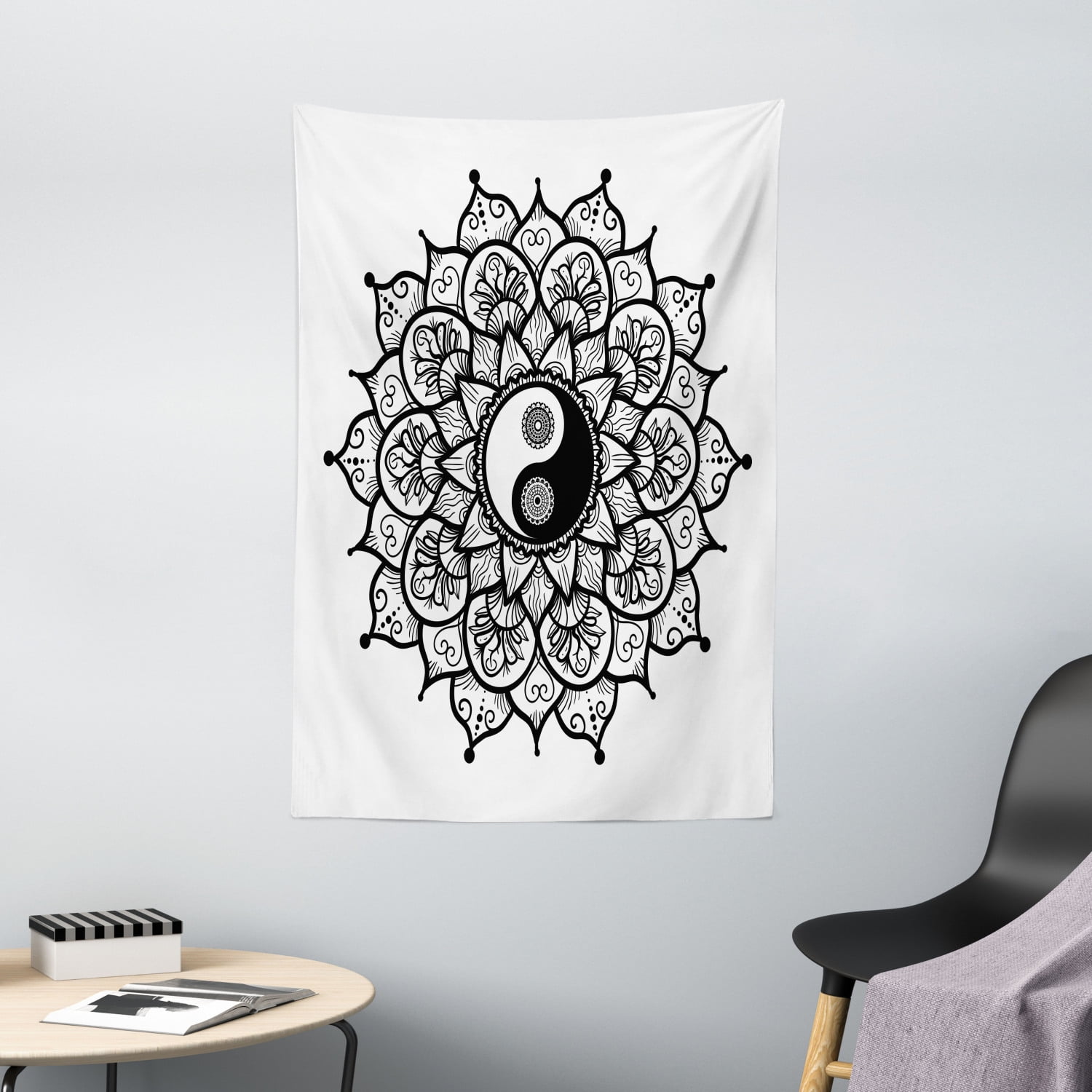 Ying Yang Tapestry, Retro Floral Yin Yang Design with Mandala Patterns ...