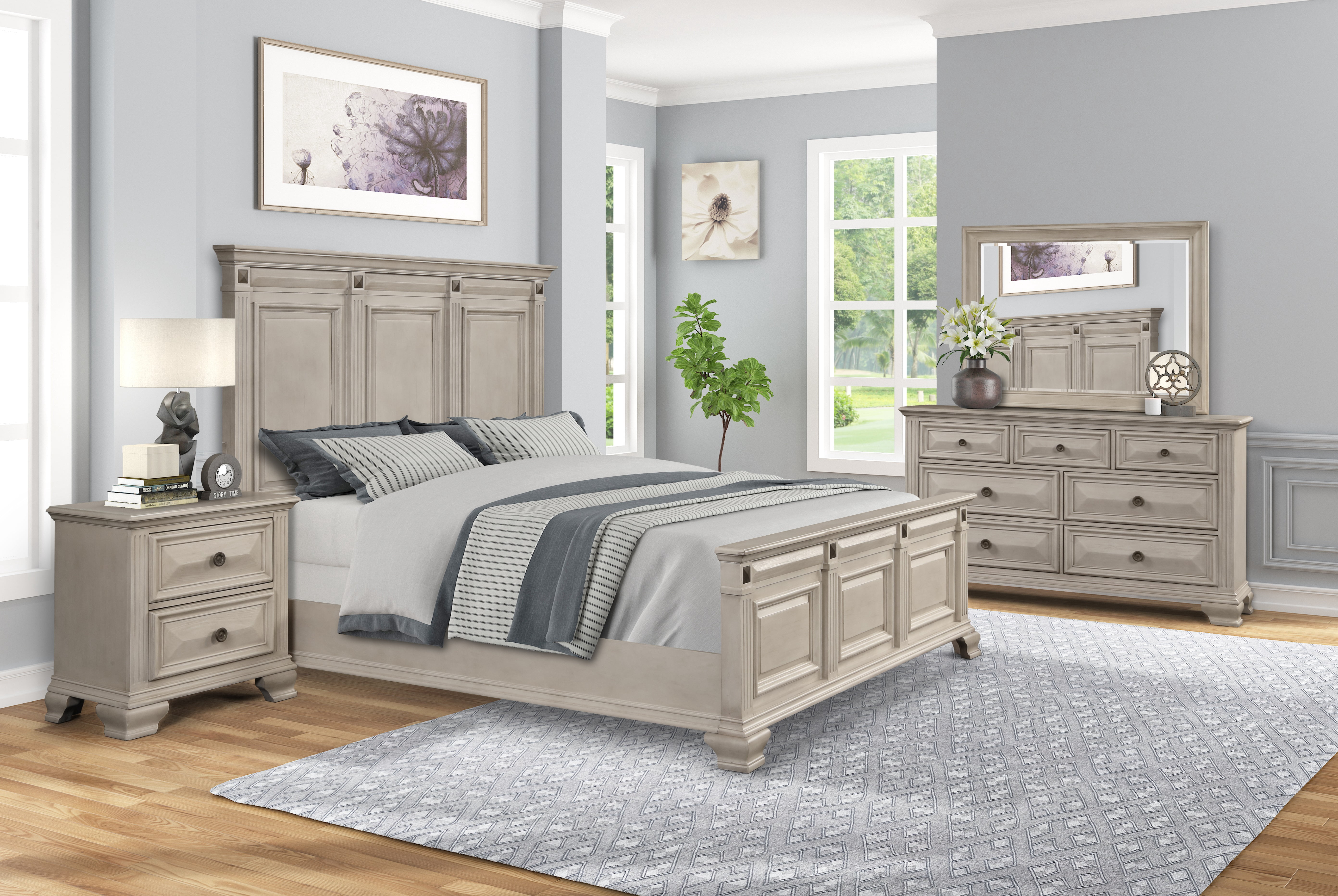 Renova Distressed Parchment Wood Bedroom Set King Panel Bed Dresser Renova Distressed Parchment Wood Bedroom Set King Panel Bed Dresser