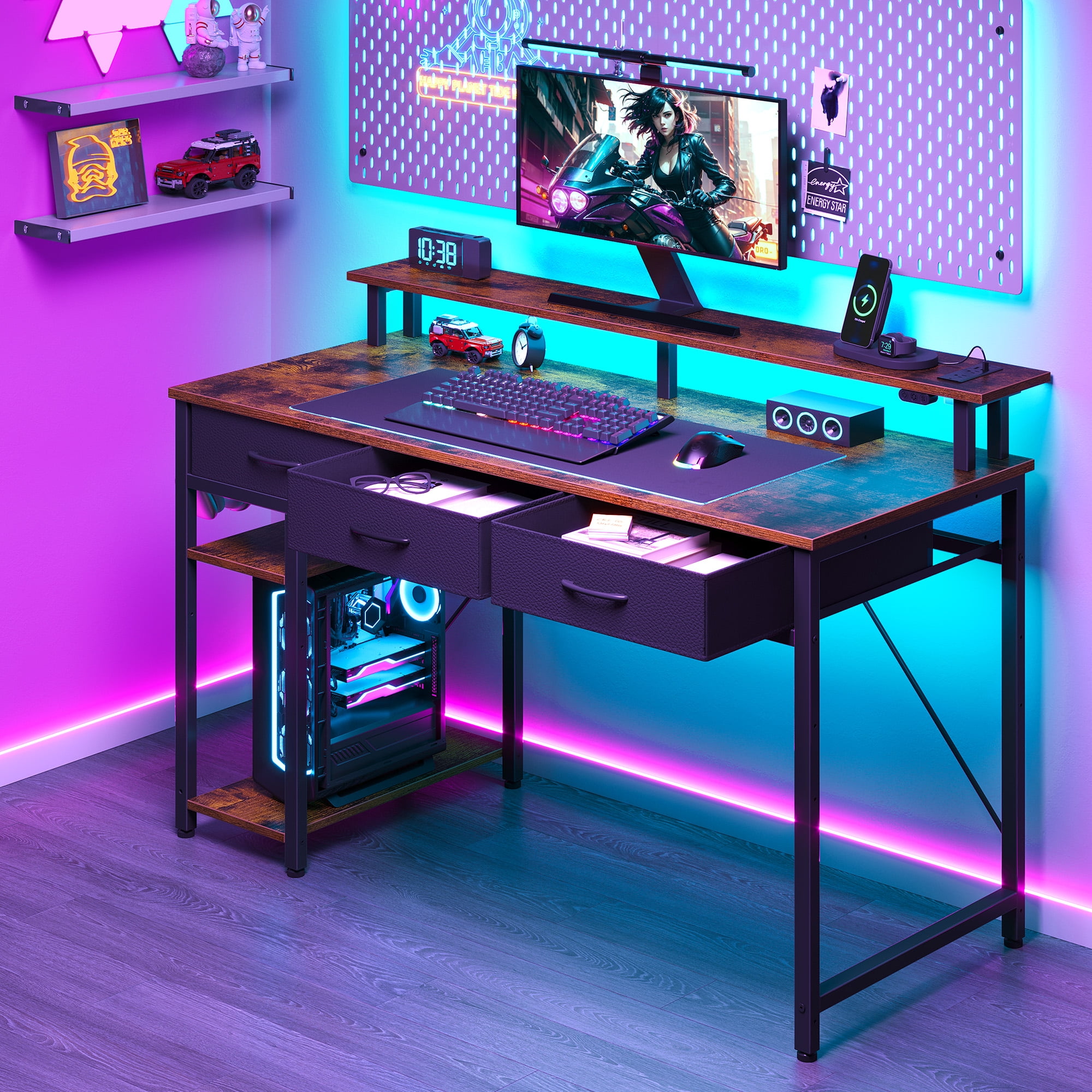 Greenstell 39" Computer Desk with Built-in Outlets & LED, 3-Drawer ...