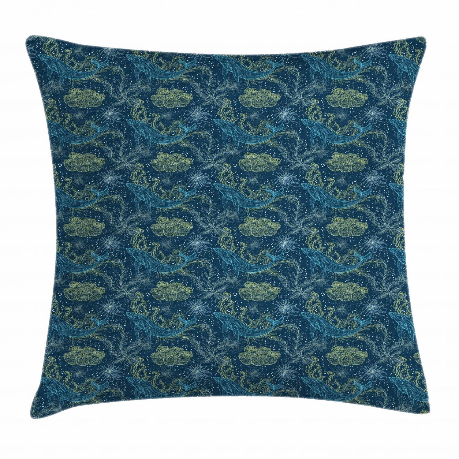Whale Throw Pillow Cushion Cover, Hand Drawn Marine Fauna and Flora ...