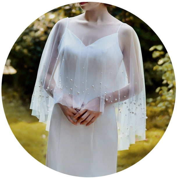 Bridal Mesh Pearl Shawl Wrap With Pearl Tulle Wedding Cover, White ...