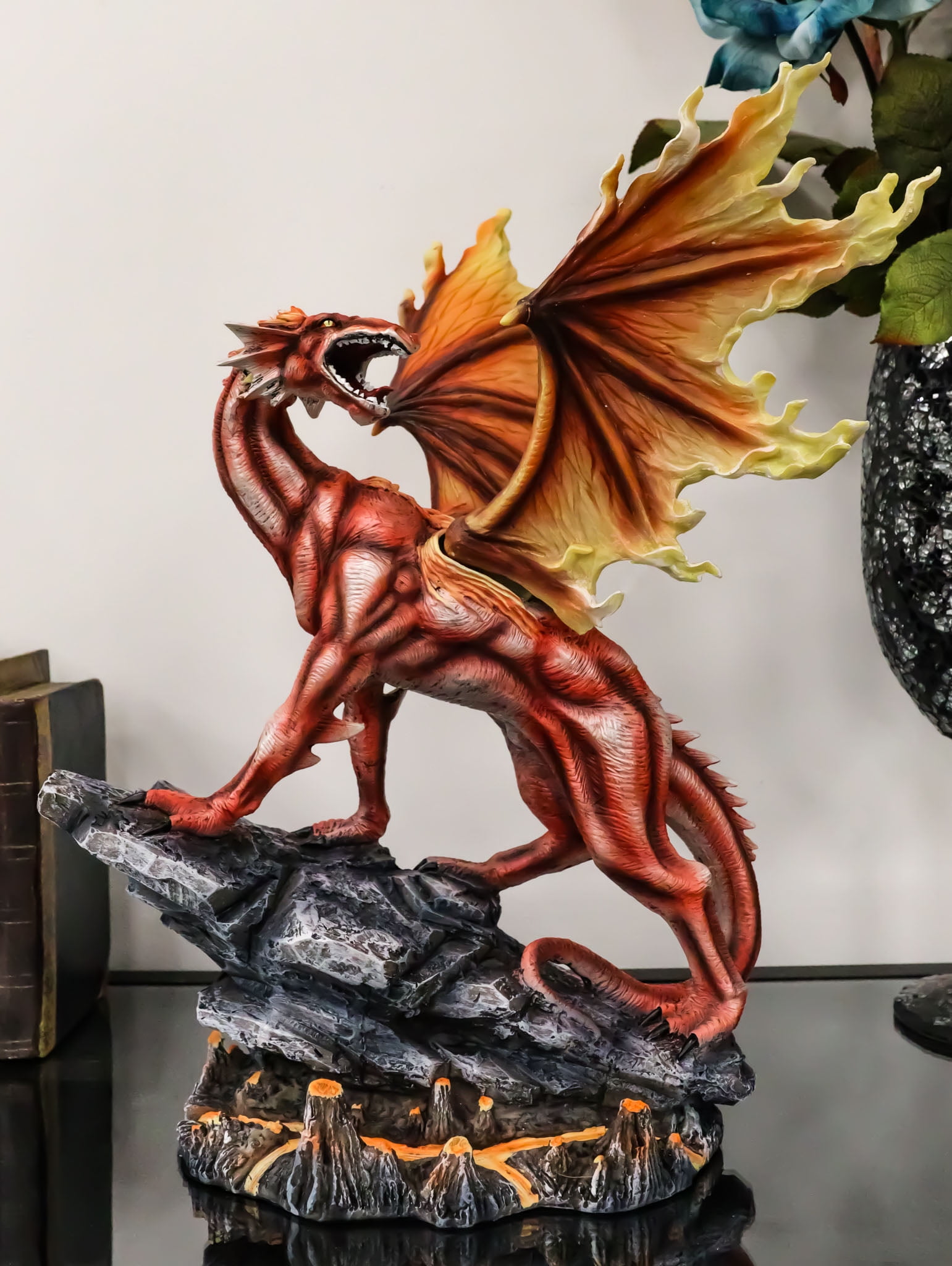 Large Red Magma Lava Smaug Dragon On Volcanic Rock Statue Fantasy Home ...