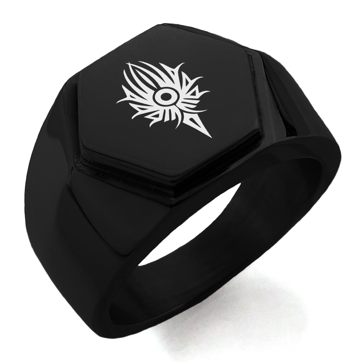 Stainless Steel Tribal Torch Rune Engraved Hexagon Crest Flat Top Biker ...