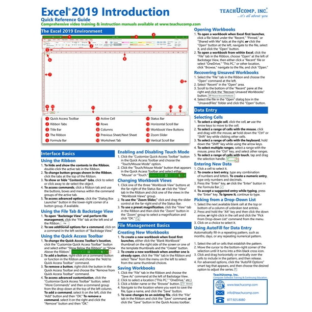 Learn Excel 2019 Quick Reference Training Card - Laminated Tutorial ...