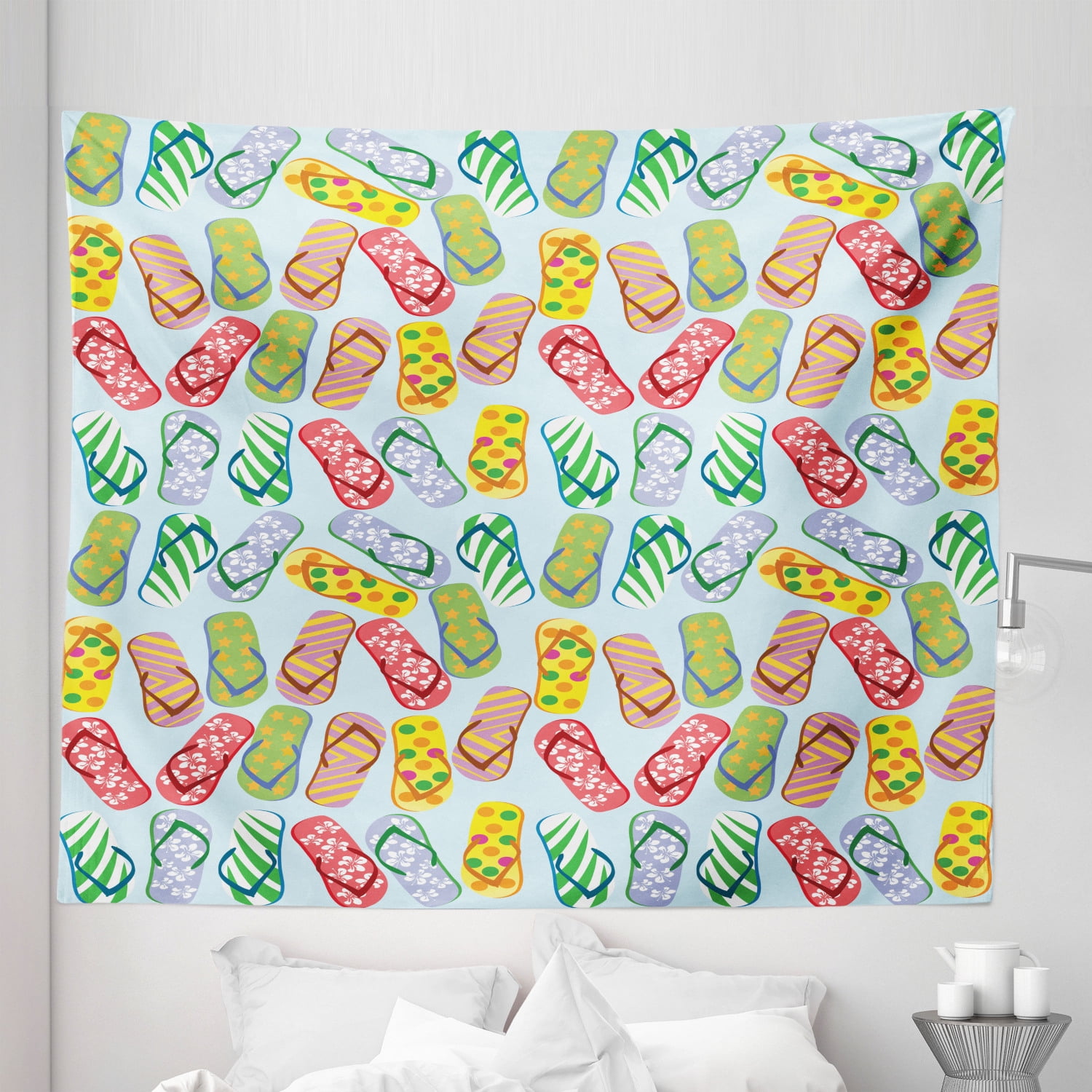 Flip Flop Tapestry, Slippers with Hibiscus Flowers Palm Tree Leaves and ...