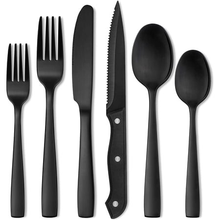 48-Piece Matte Black Silverware Set for 8, Stainless Steel Flatware Set ...