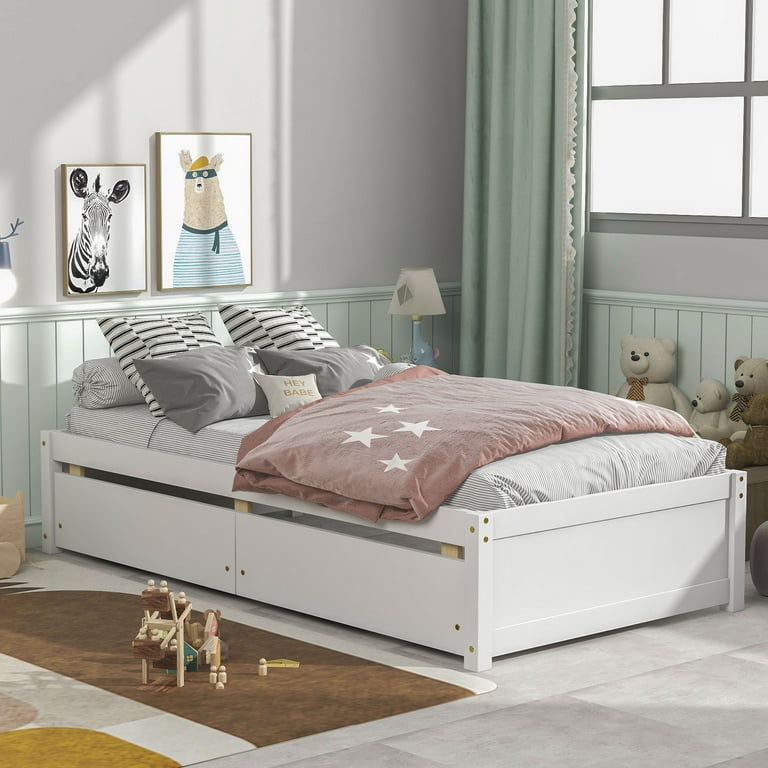 Porkiss Twin Platform Bed Frame with Storage Drawers Solid Wood Twin Size Bed Frame Modern Bedroom Furniture Single Bed for Kids Teens Adults No