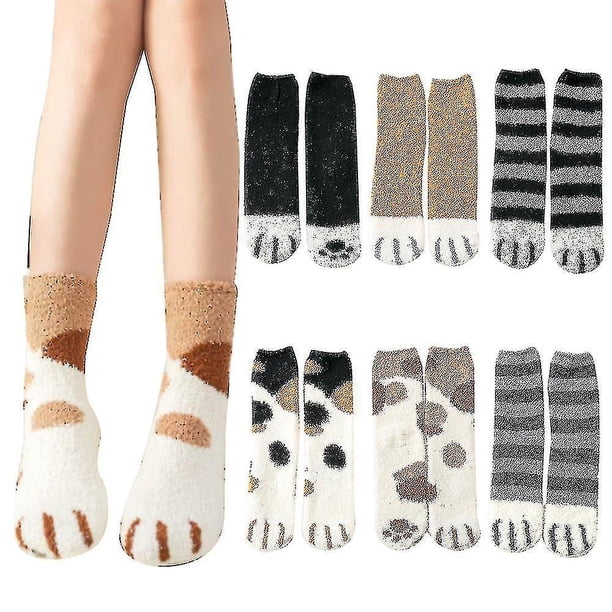 6 Pairs Cat Paw Fluffy Socks Women Cat Socks Fuzzy Cosy Warm Slipper ...