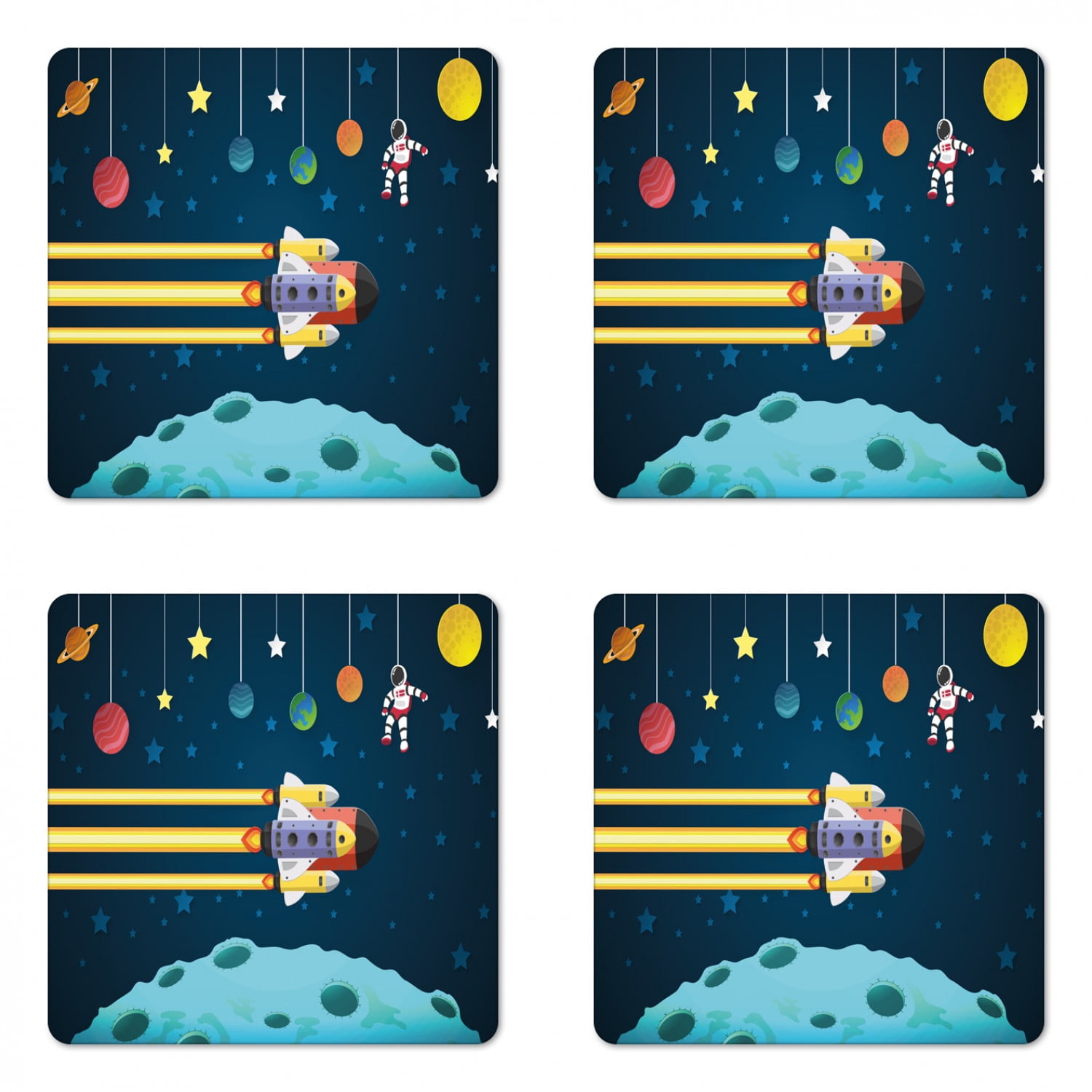 Outer Space Coaster Set of 4, Rocket Ship Flying over the Moon with an ...