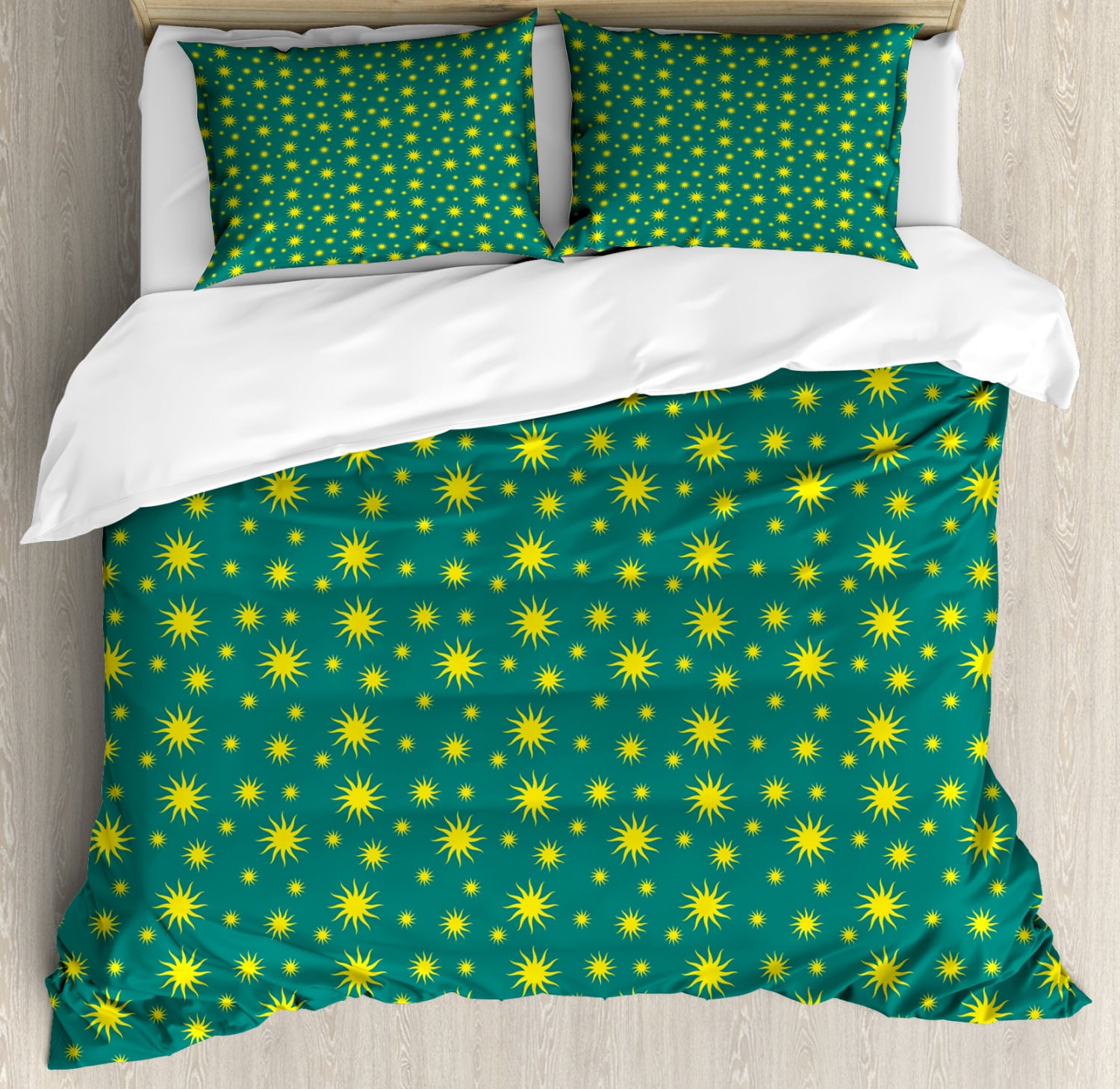Yellow and Blue Queen Size Duvet Cover Set, Ethnic Sun Motifs with ...