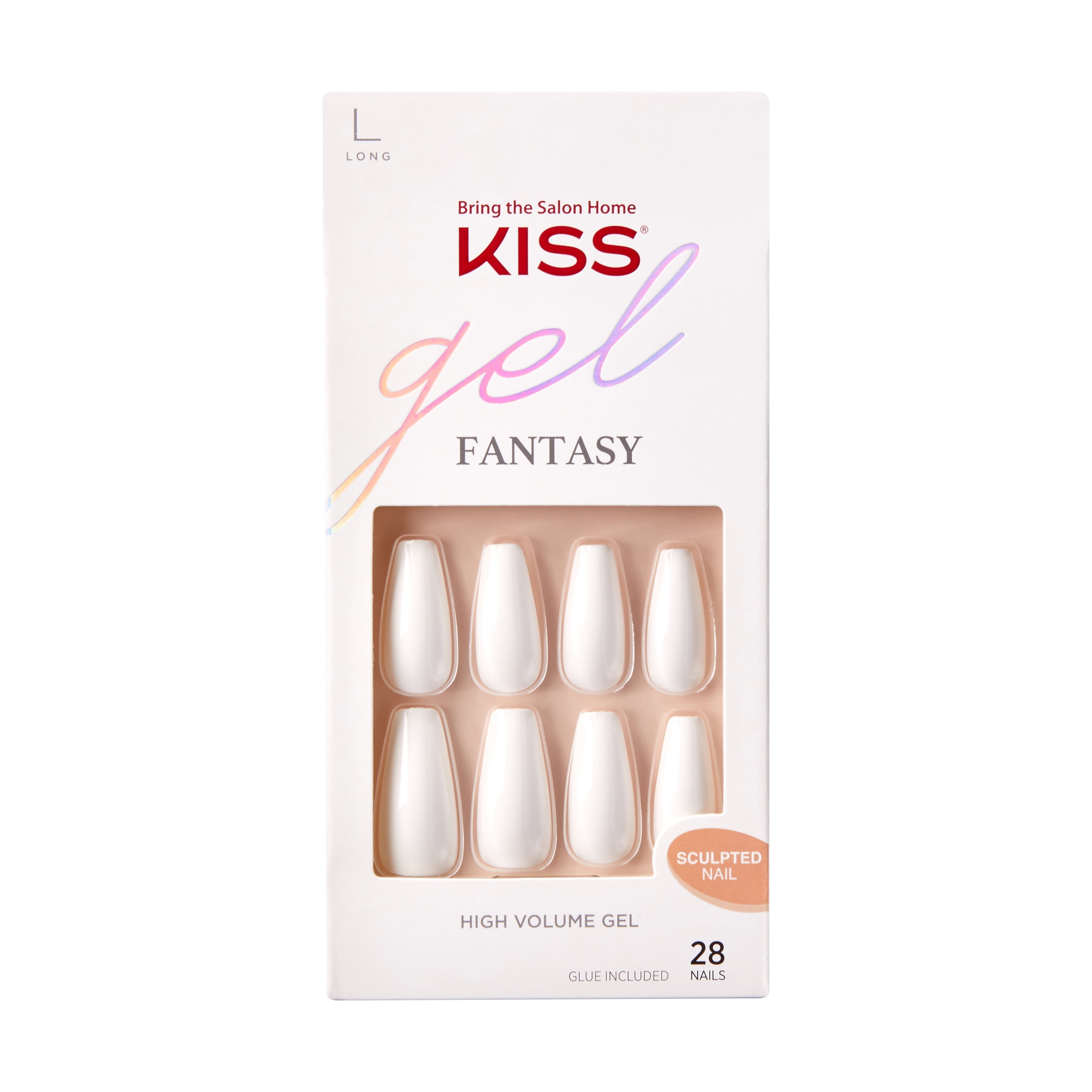 Kiss Gel Fantasy Sculpted Long Coffin Glue On Nails Glossy Light White
