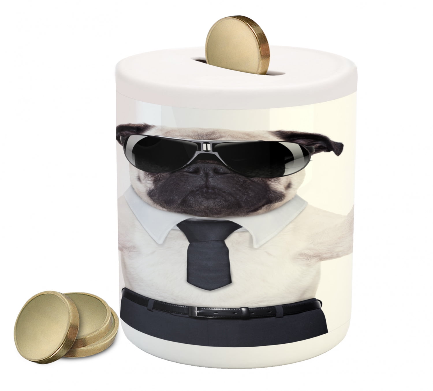 Pug Piggy Bank, Looking Pug Victory Sign with Both Paws Wearing Cool ...