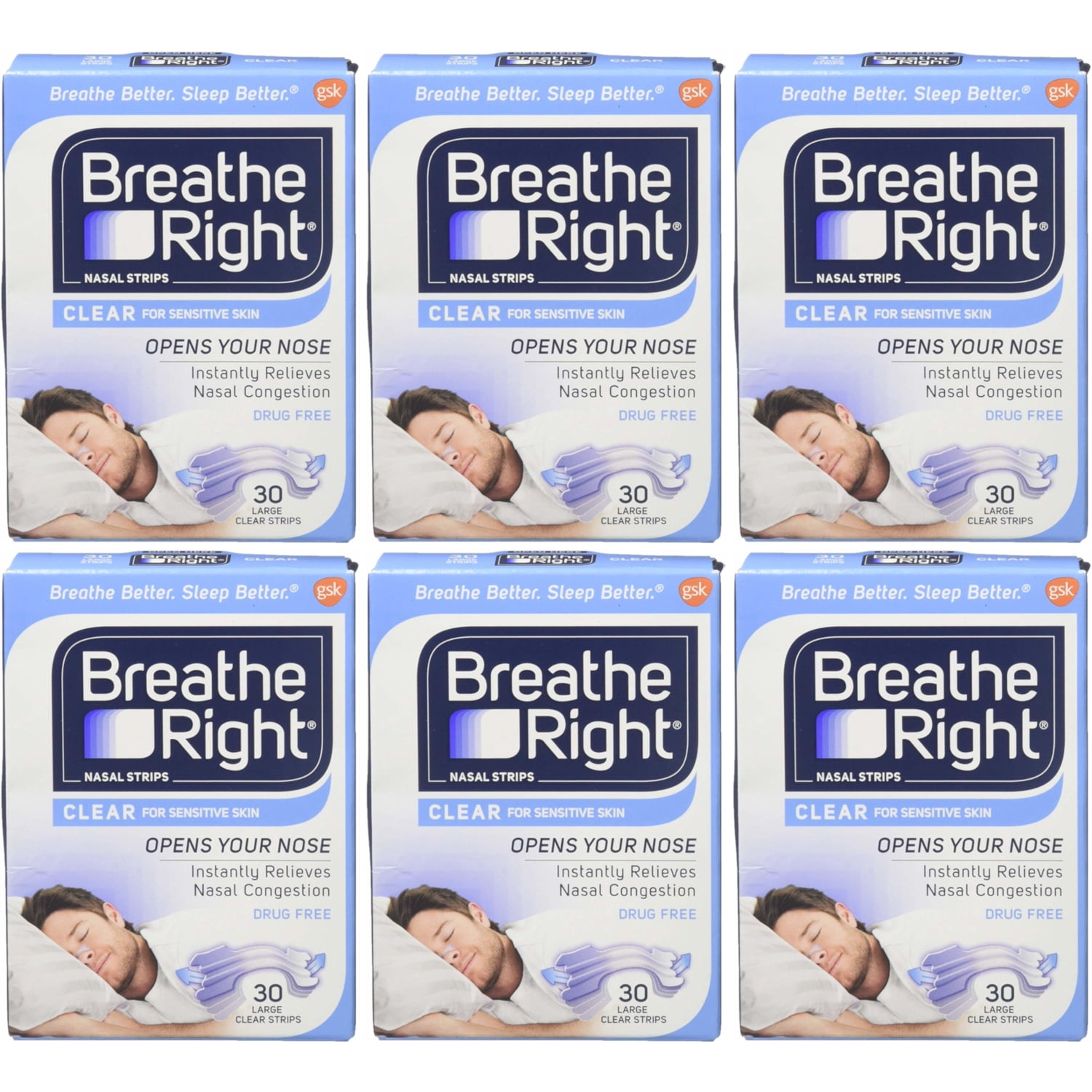 6 Pack Breathe Right Nasal Strips For Sensitive Skin - 30 Large Clear ...