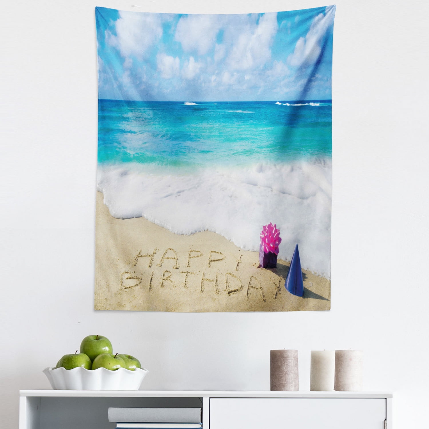 Beach Tapestry, Happy Birthday Celebration on Sandy Beach with Party ...