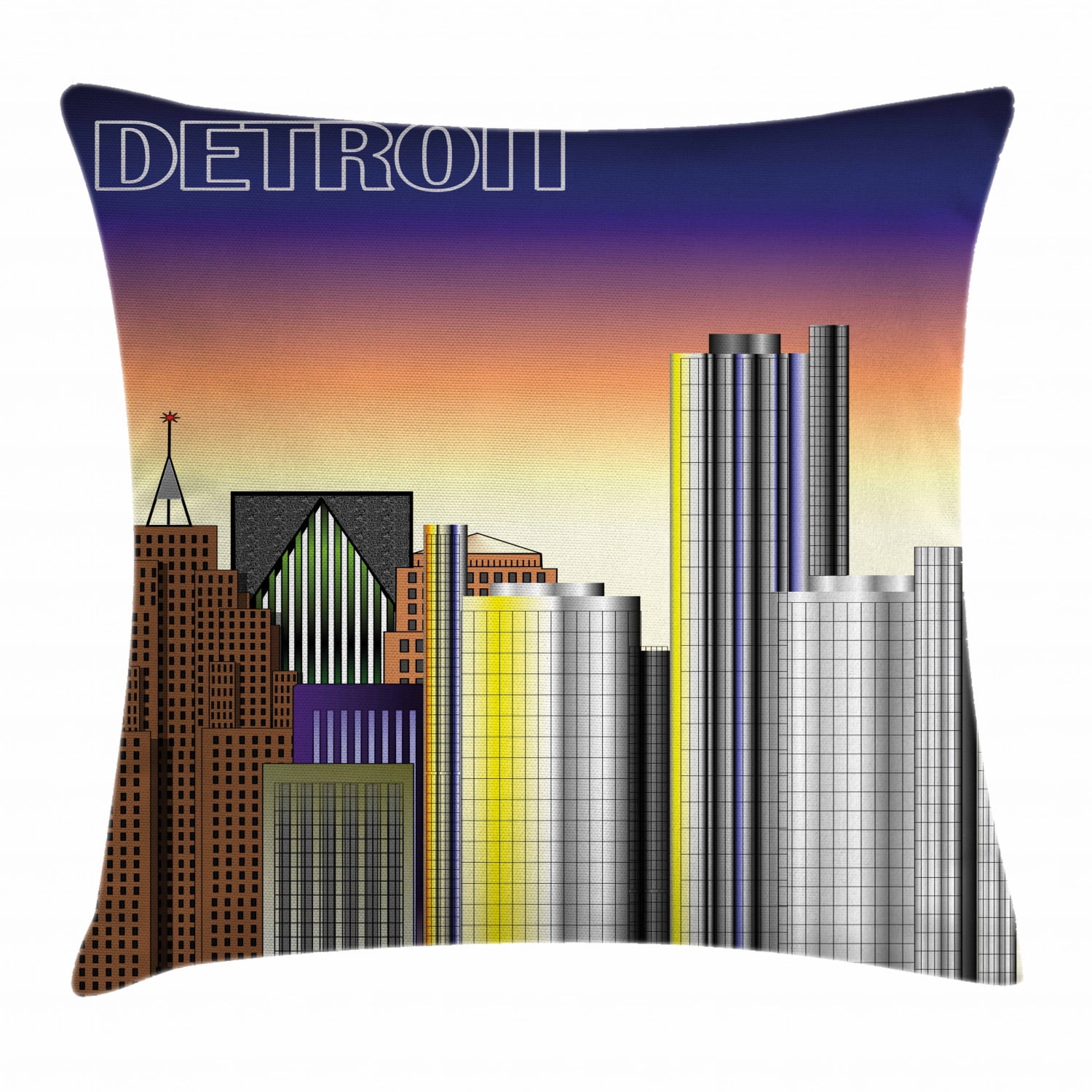 Detroit Decor Throw Pillow Cushion Cover, Retro Style Downtown ...