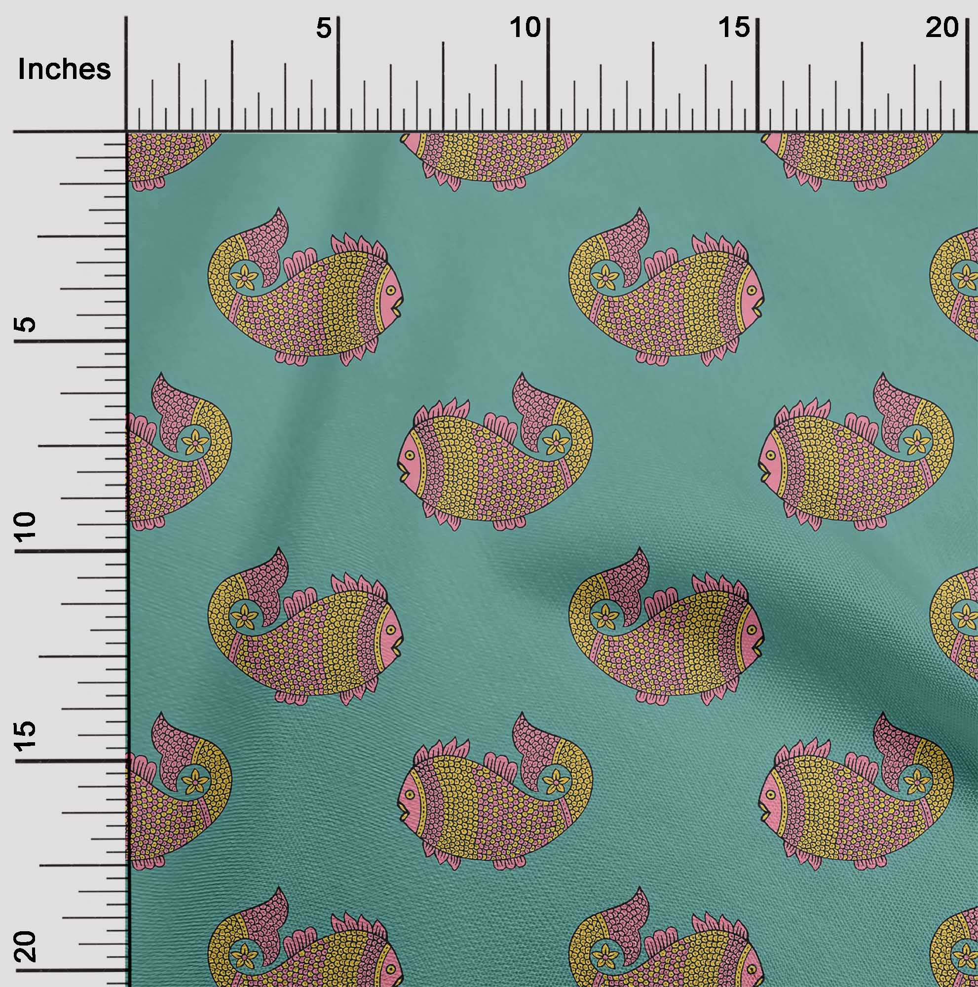 oneOone Silk Tabby Fabric Fish Block Print Fabric By The Yard 42 Inch ...