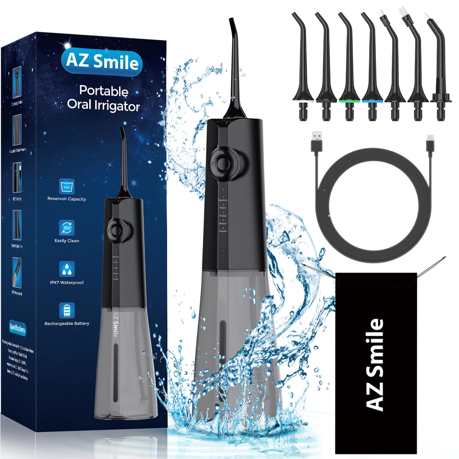 AZSmile Portable Pulse Oral Irrigator with 8 Tips Dental Water Flosser ...