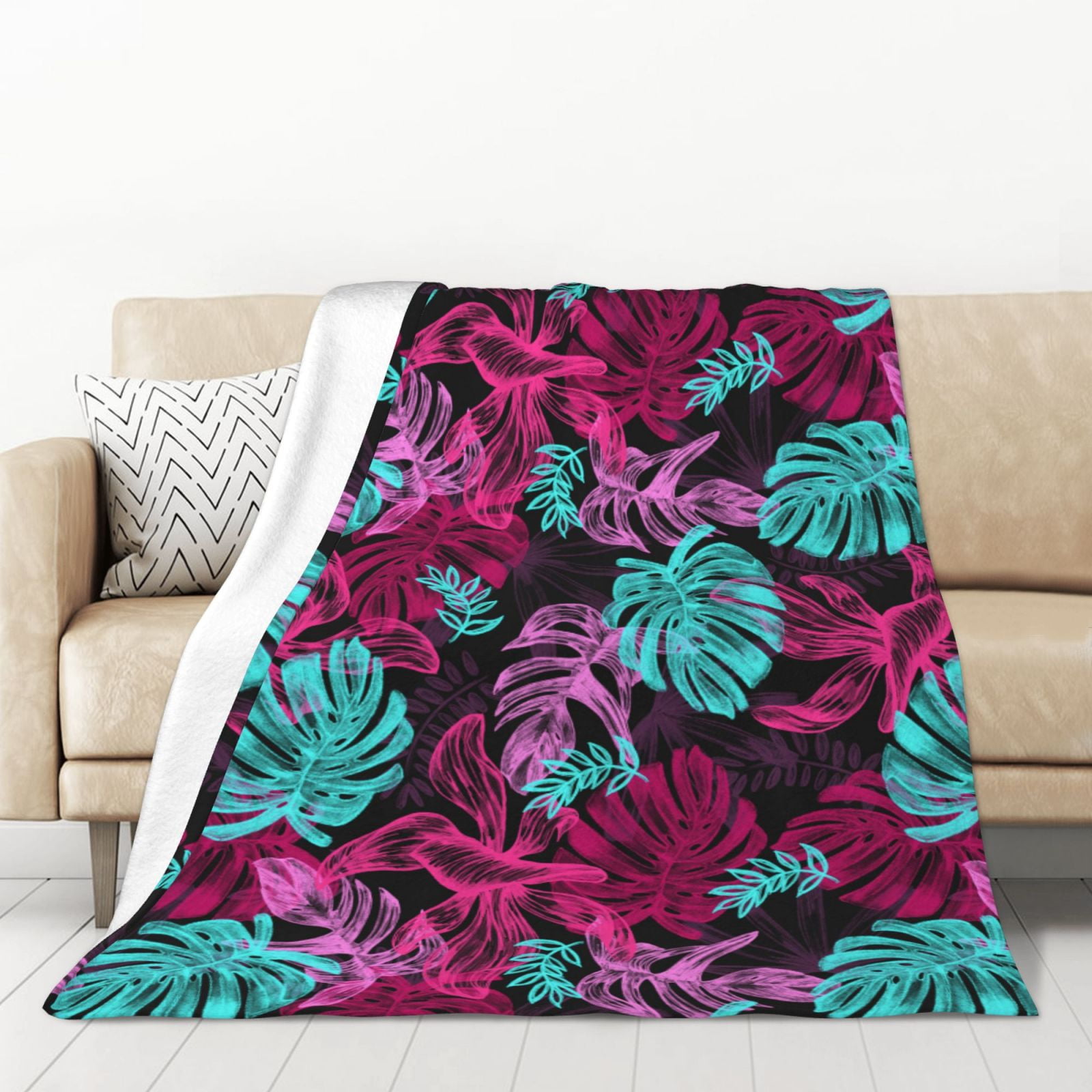 XMXT Throw Blankets, Fuchsia Banana Leaf Print Bed Blanket for Bedroom ...