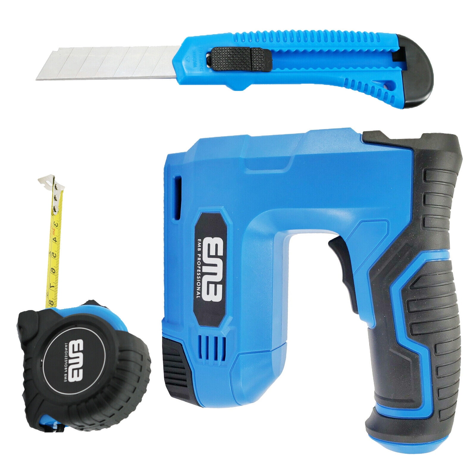 EMB Cordless Staple Gun 4V Power Nailer + Tape 10 Feet Long + Utility Box Cutter Bundle ...