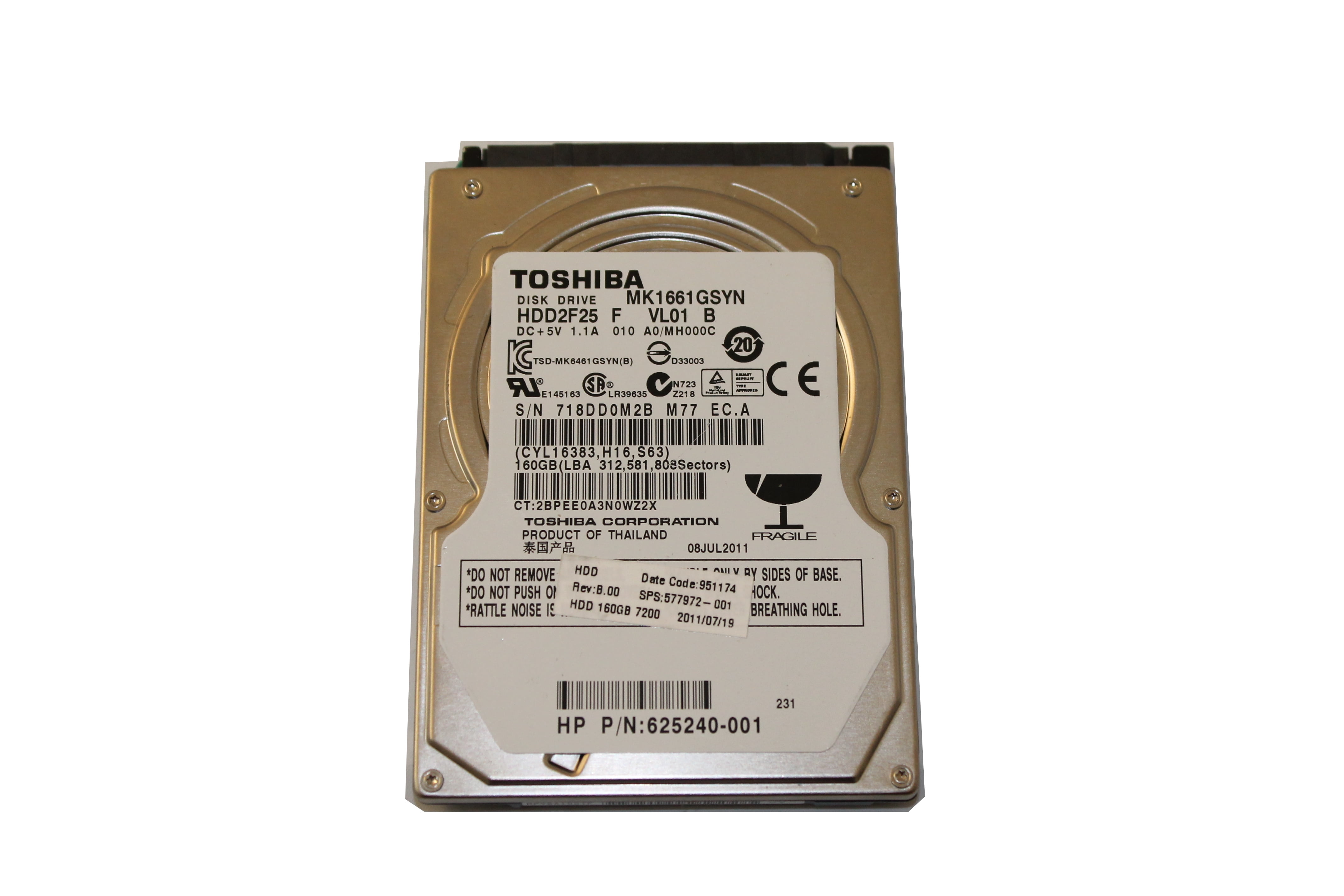 625240-001 Toshiba MK1661GSYN HDD2F25 F VL01 S F/W: A0/MH000C 160GB ... 625240-001 Toshiba MK1661GSYN HDD2F25 F VL01 S F/W: A0/MH000C 160GB ...