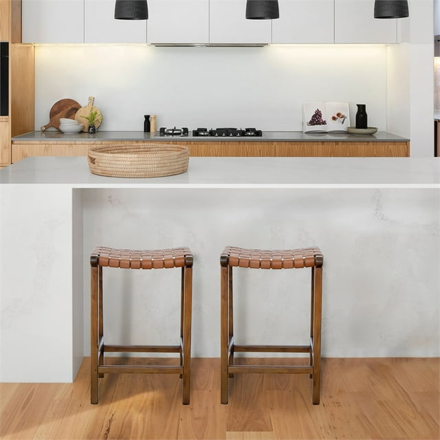 Dejang Mid-Century Modern Square Genuine Leather Counter Stool in Brown ...