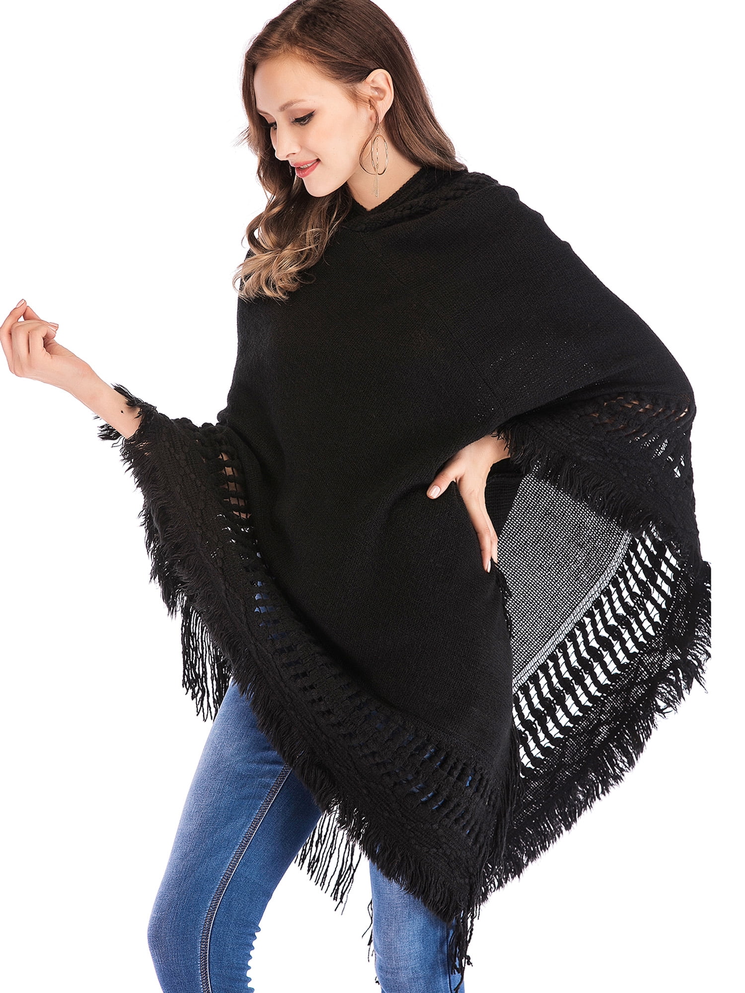 LELINTA Fashion Knit Tassel Fringed Pullover Poncho Sweater Cape Shawl ...