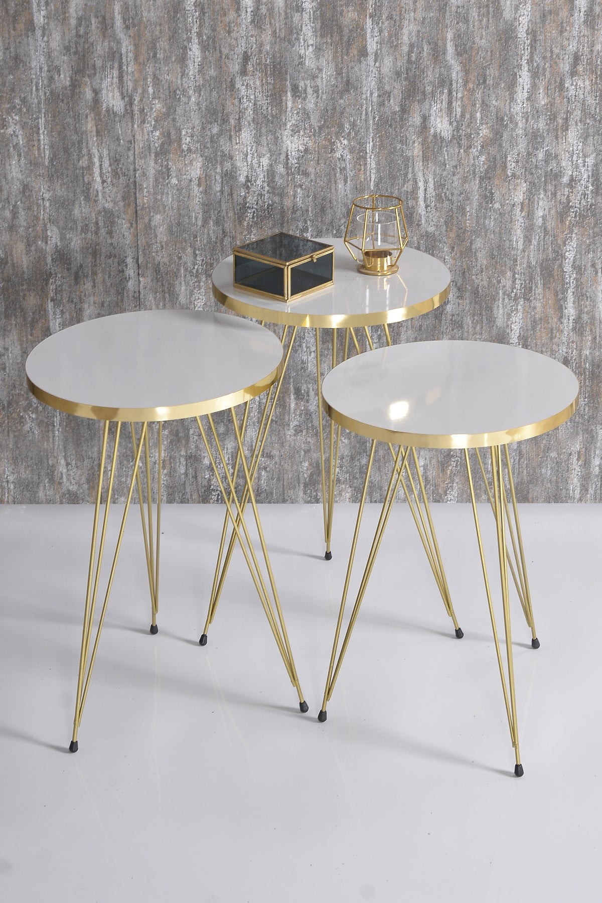 White Nesting Coffee Tables 3 PCS,Round Side Table With Gold 3-Rod ...