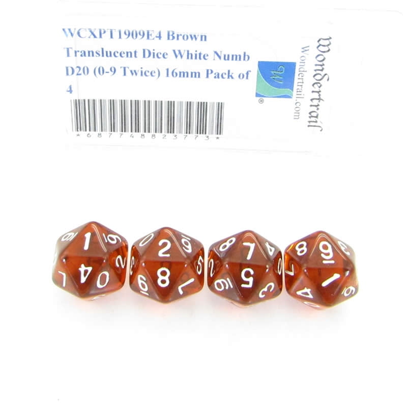 Brown Translucent Dice with White Numbers D20 (0-9 Twice) Aprox 16mm (5 ...