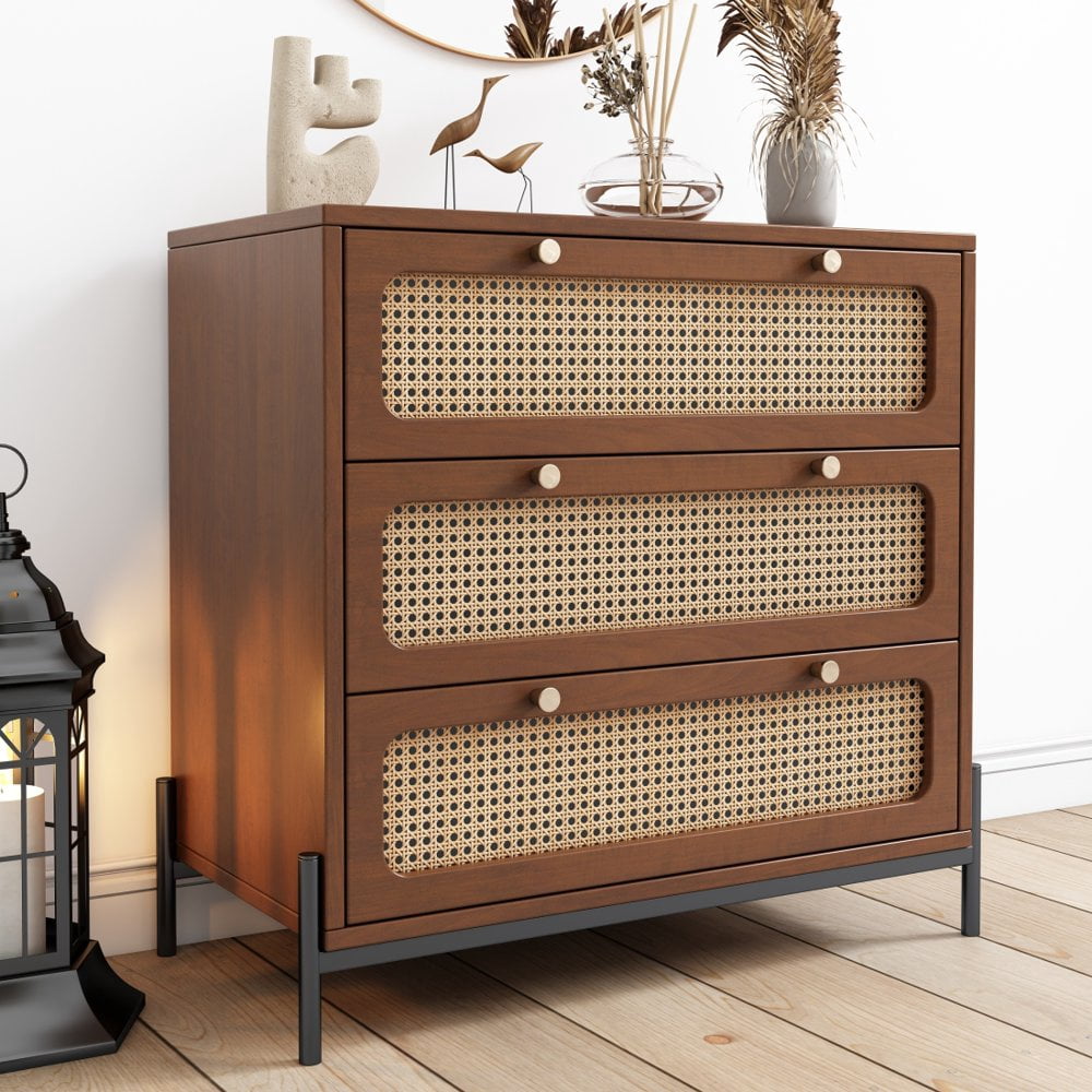 Gzxs 3-Drawers Chest, Wooden Storage Chest Cabinet with Rattan Drawer ...