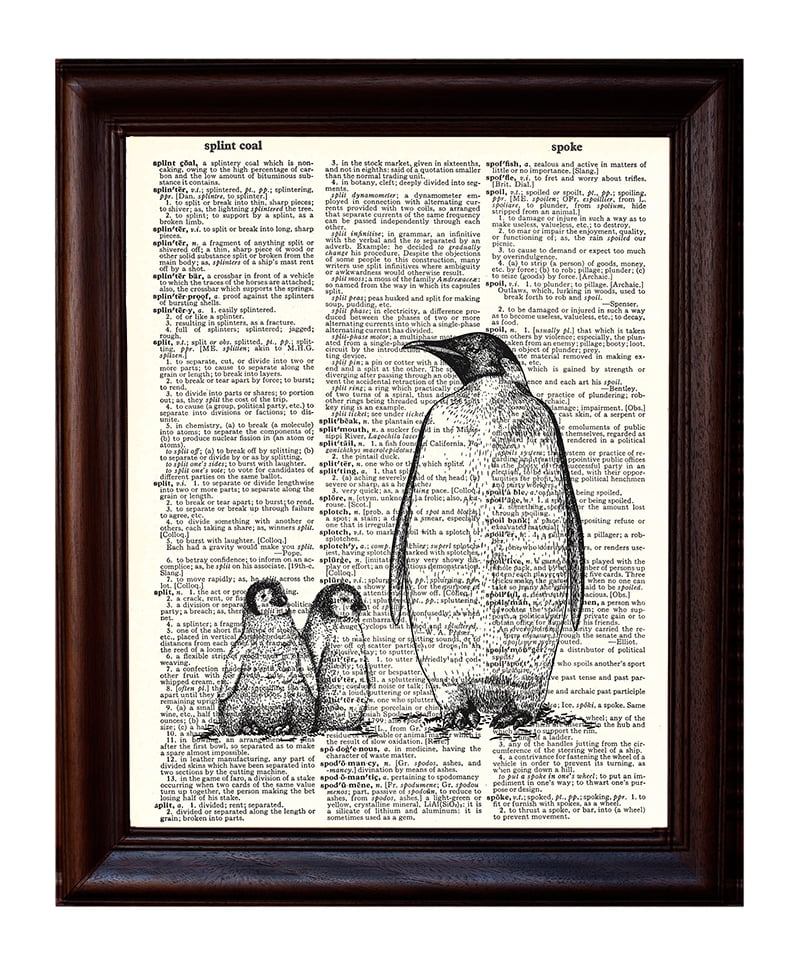Penguin Family Black and White - Dictionary Art Print Printed On ...