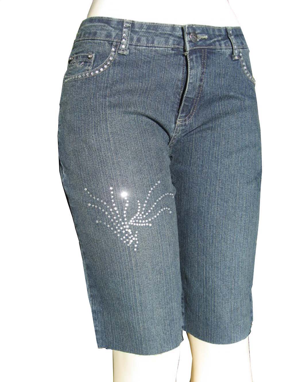 Womens Dk. blue Stretch capri shorts (12" 1/2 inseam) With Rhinstone, # ...