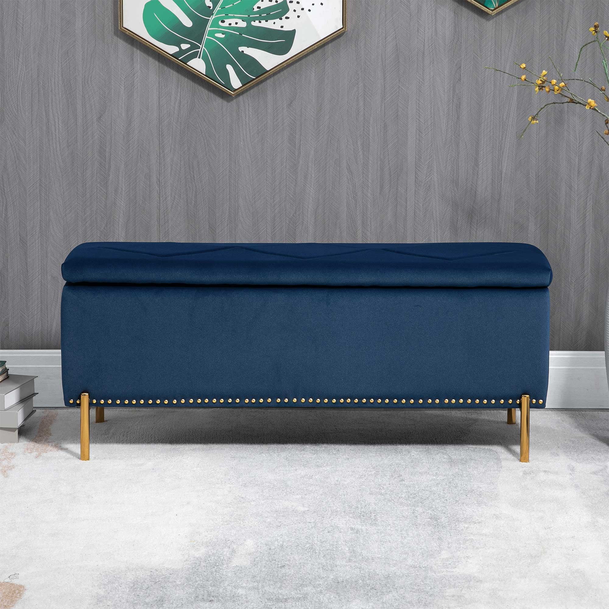 Mojay Modern Velvet Upholstered Storage Bench, Navy - Walmart.com