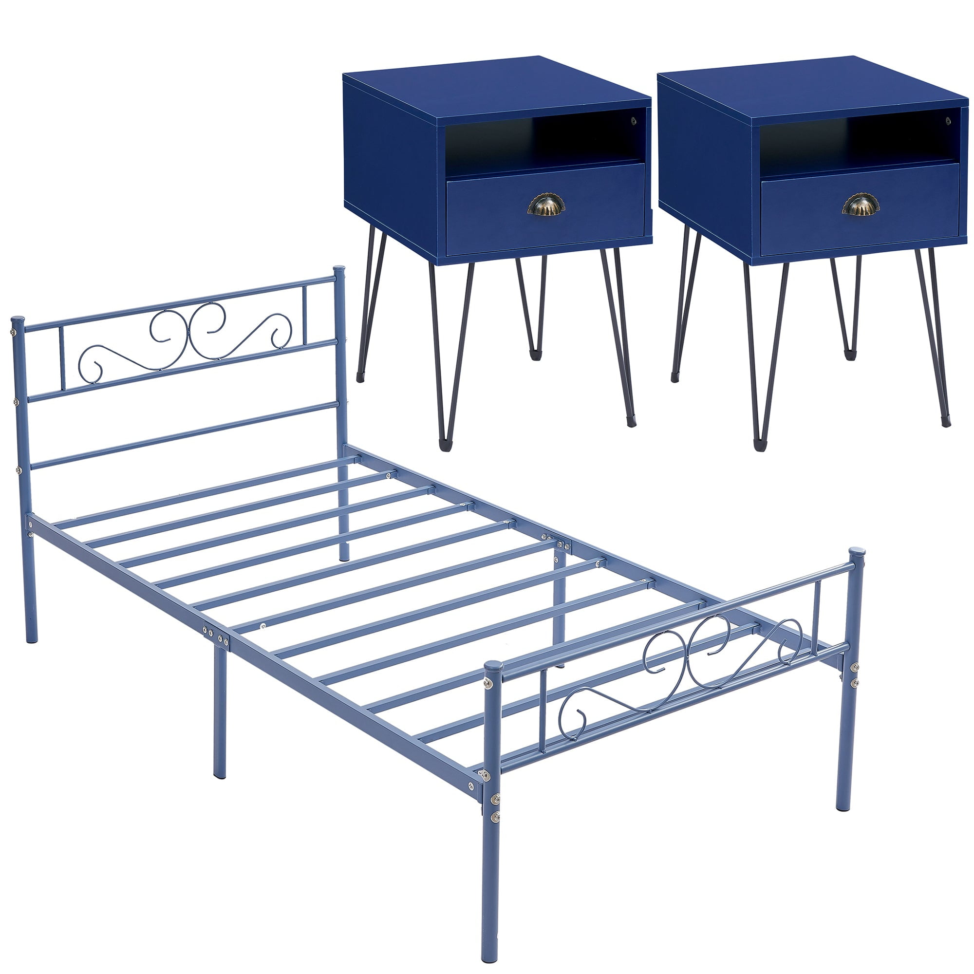 VECELO 3-Piece Bedroom Set Blue Twin Bed Frame and 2 Nightstands ...