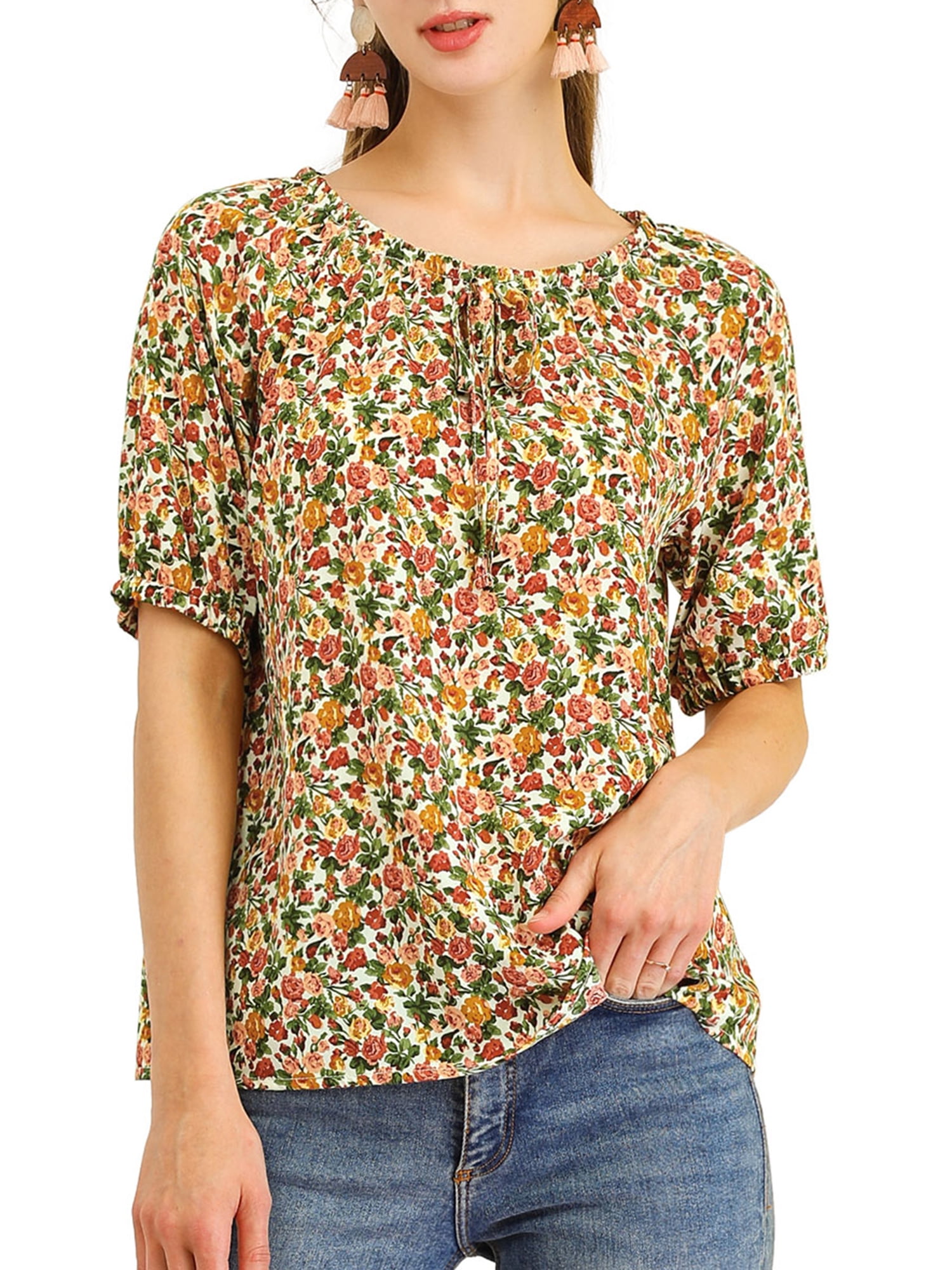 Allegra K Allegra K Womens Floral Print Tie Neck Blouse Casual Puff Short Sleeve Tops