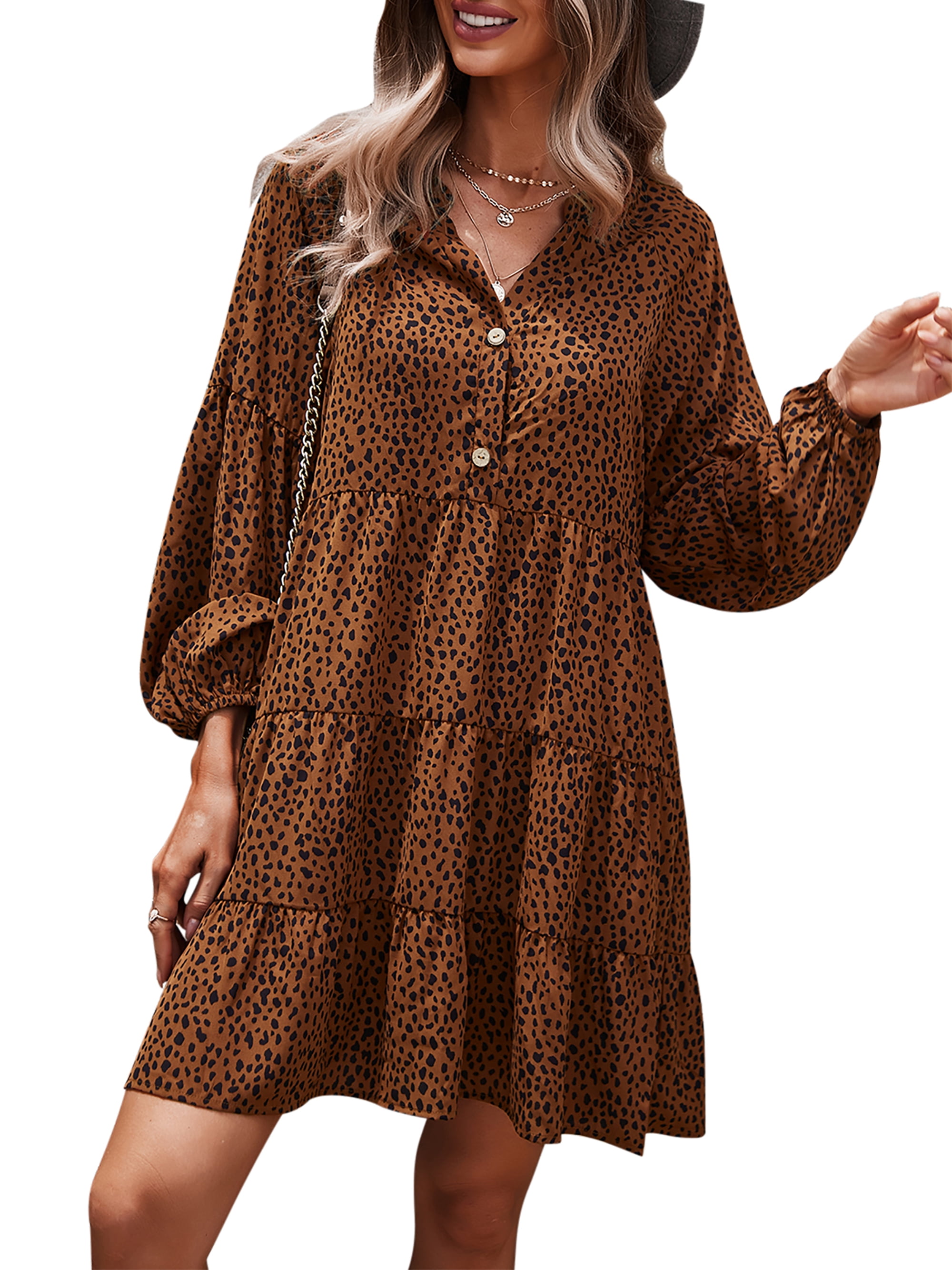 Shibever Fall Long Sleeve Leopard Floral Tunic Dress For Women Boho V Neck Ruffle Swing Mini