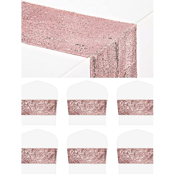 12 x 108 Inch Sequin Table Runner with 6 Pieces Stretch Sequin Chair ...