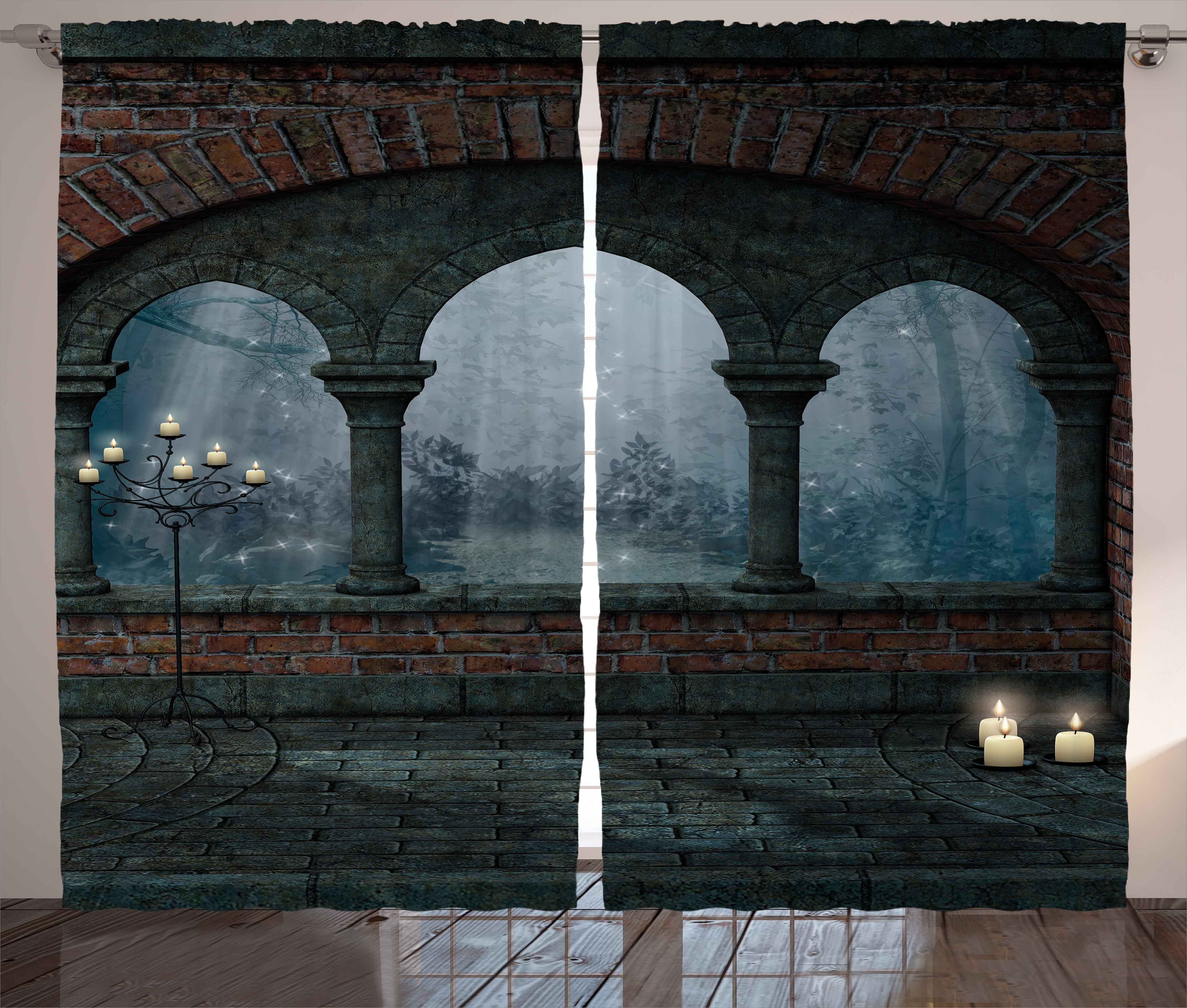 Gothic Curtains 2 Panels Set, Medieval Castle at Night with Old Arch ...