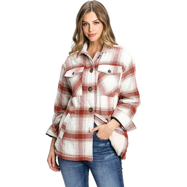 Love Tree Women's Oversize Sherpa Lined Plaid Flannel Shirt Jacket ...