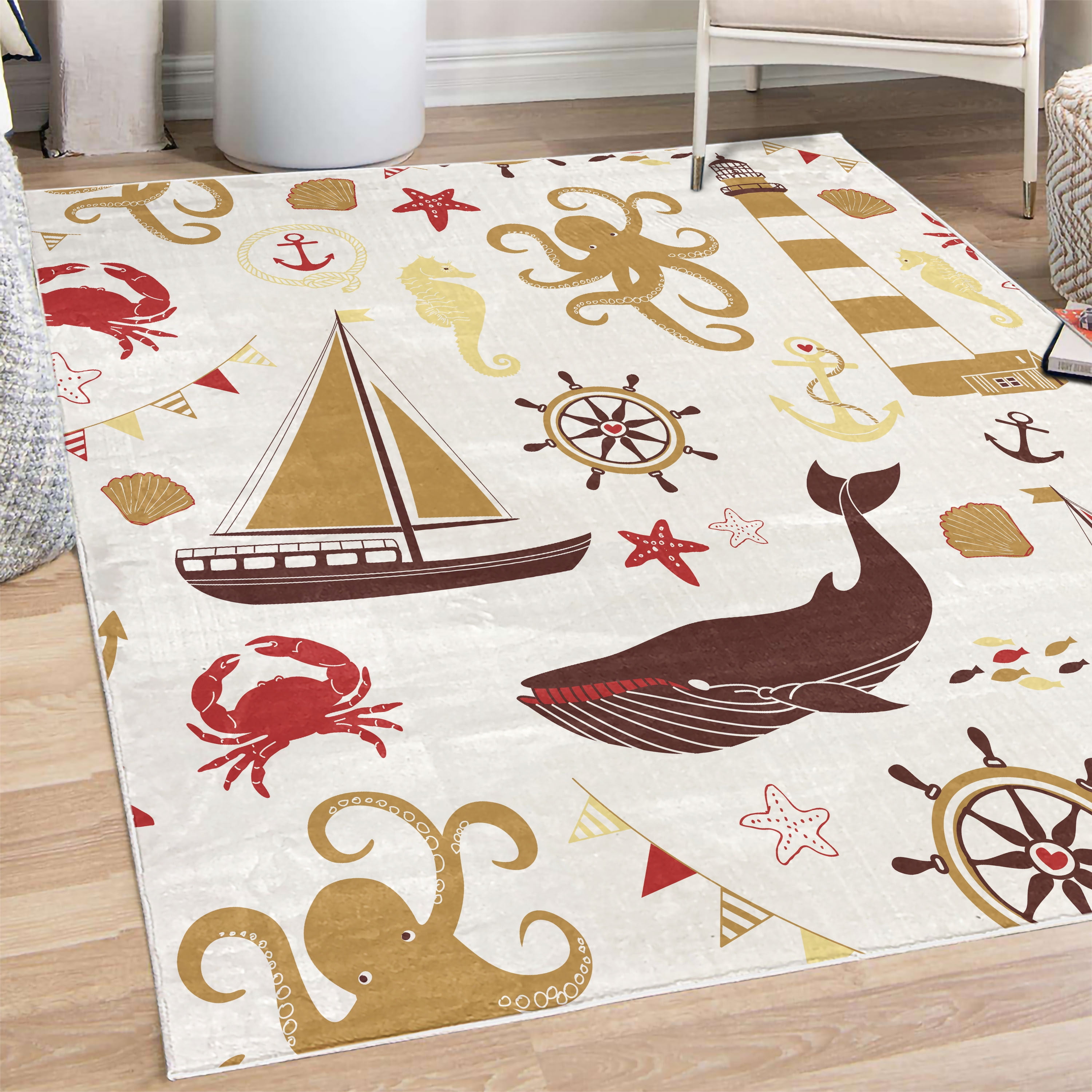Nautical Decorative Rug, Pastel Colored Composition of Lighthouse ...