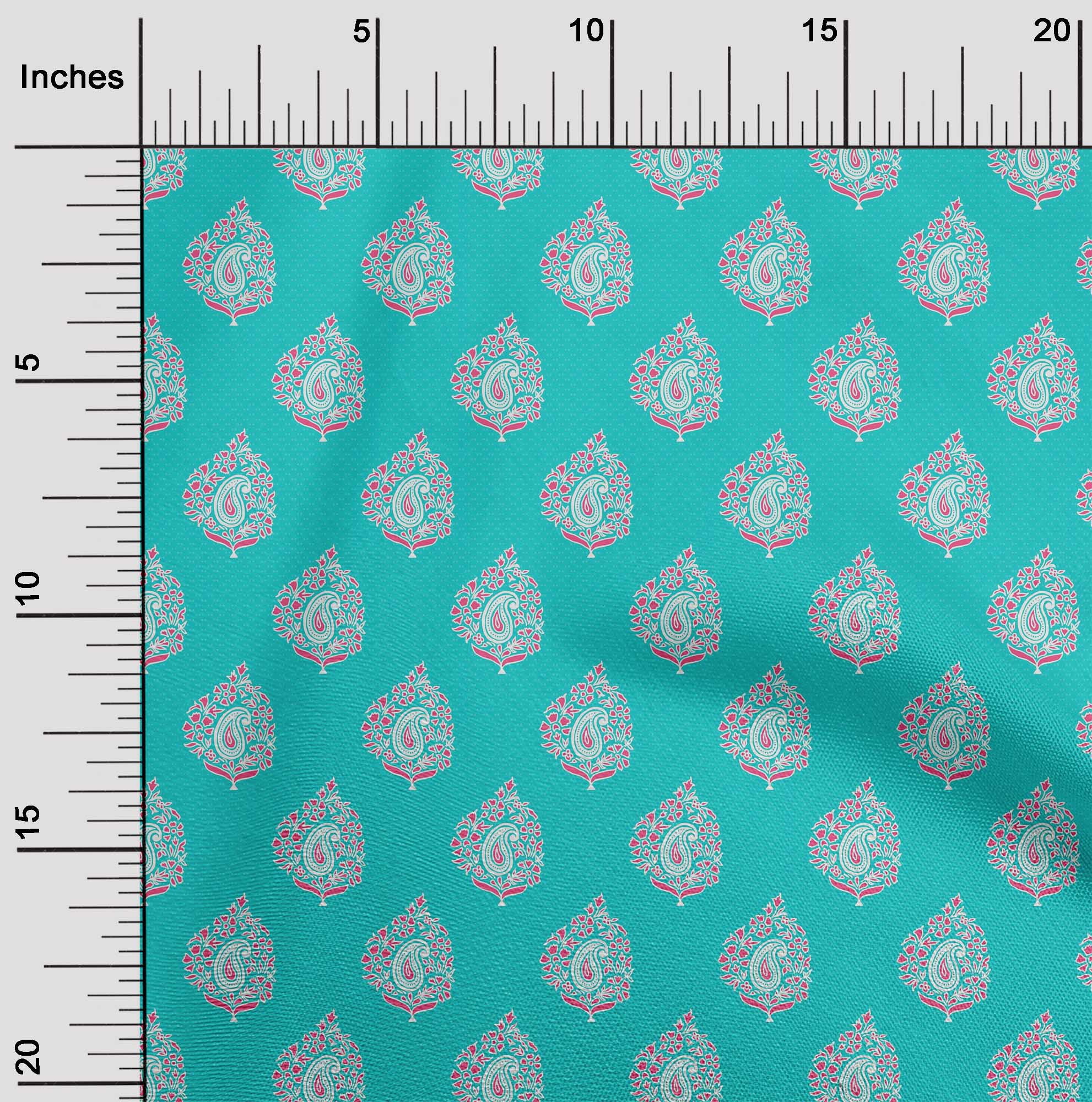 oneOone Cotton Cambric Turquoise Blue Fabric Leaves & Floral Block ...