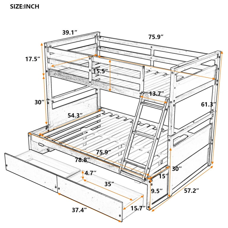 Bunk Bed Frame with Two Drawers Wood Twin Over Full Bunk Bed with 15.5 Inch Height Guardrail and Built in Ladder for Kids Teens No Box Spring