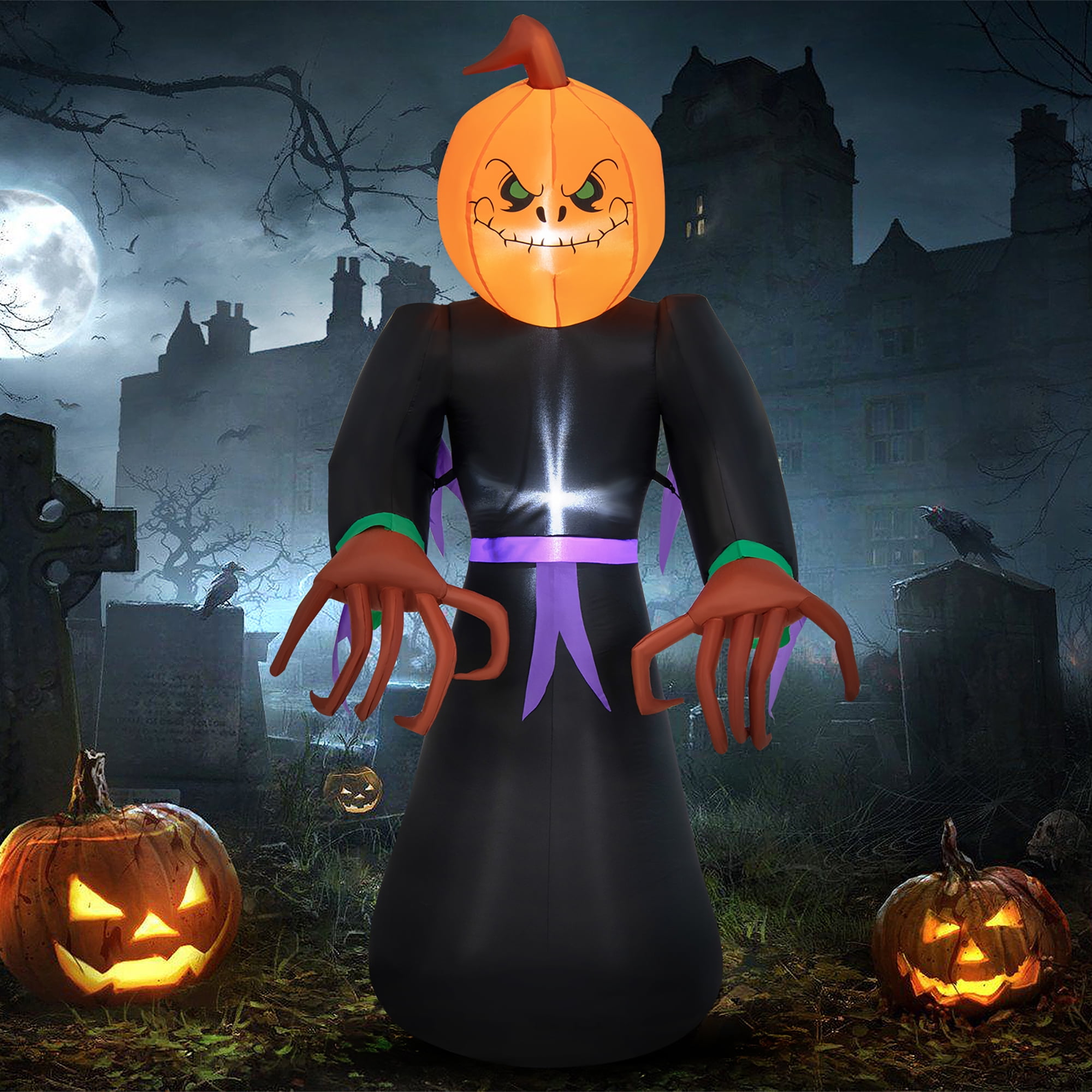 Costway 6.5 FT Inflatable Halloween Warlock with Pumpkin Head Blow-up ...
