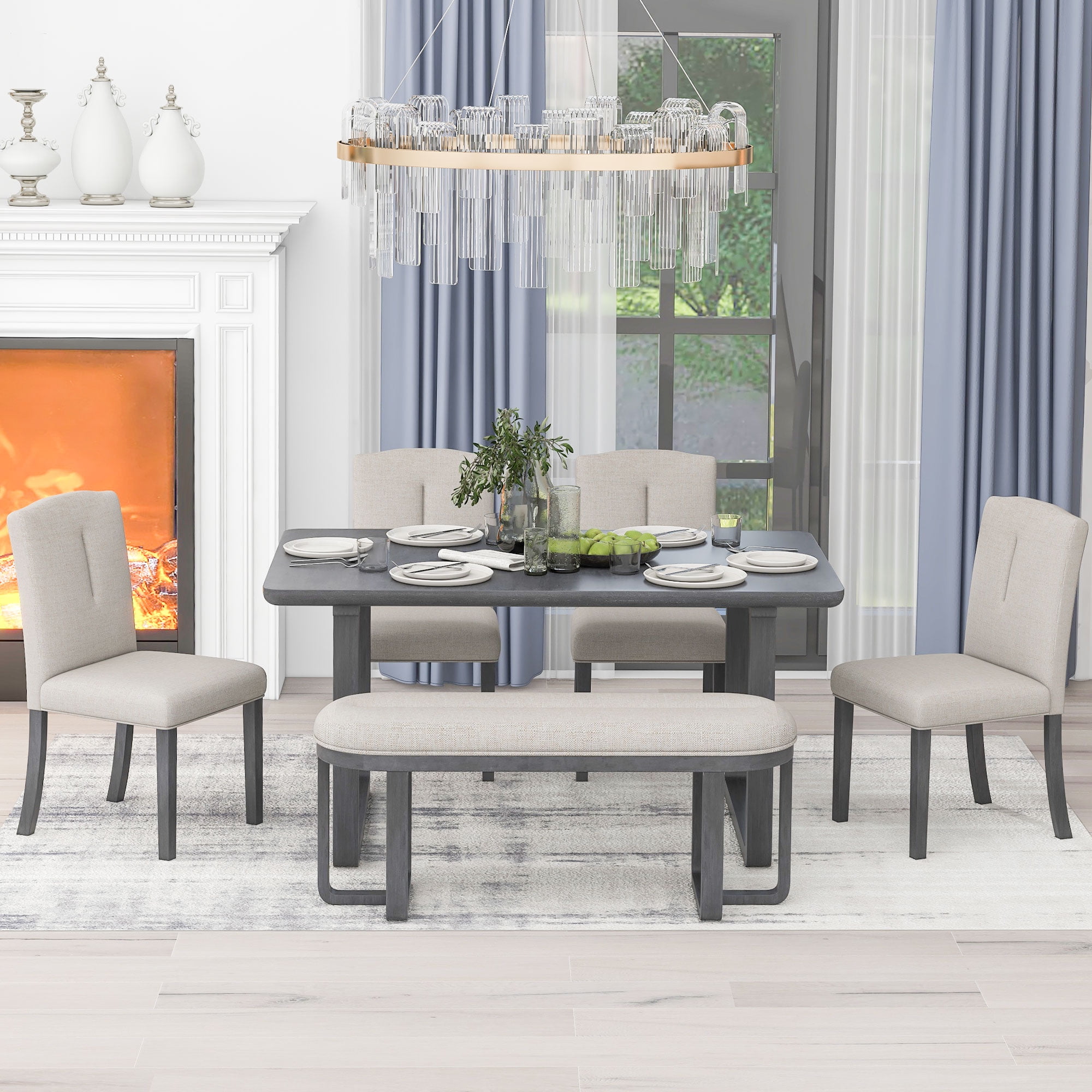 6 Piece Dining Table Set, Dining Room Set with Bench and 4 Upholstered ...