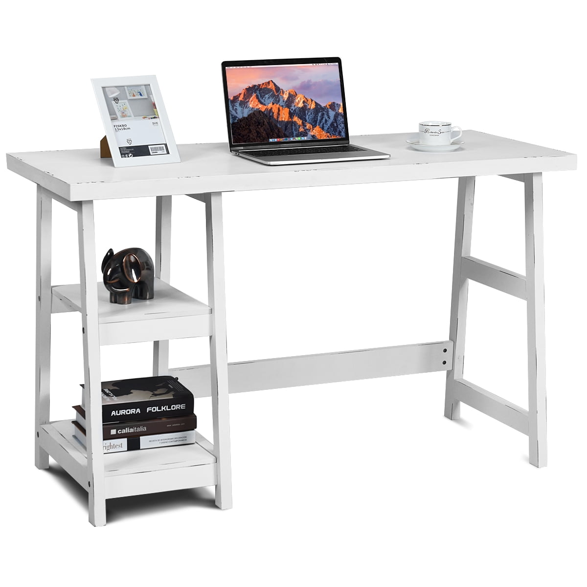 Costway Trestle Computer Desk Home Office Workstation w/Removable ...