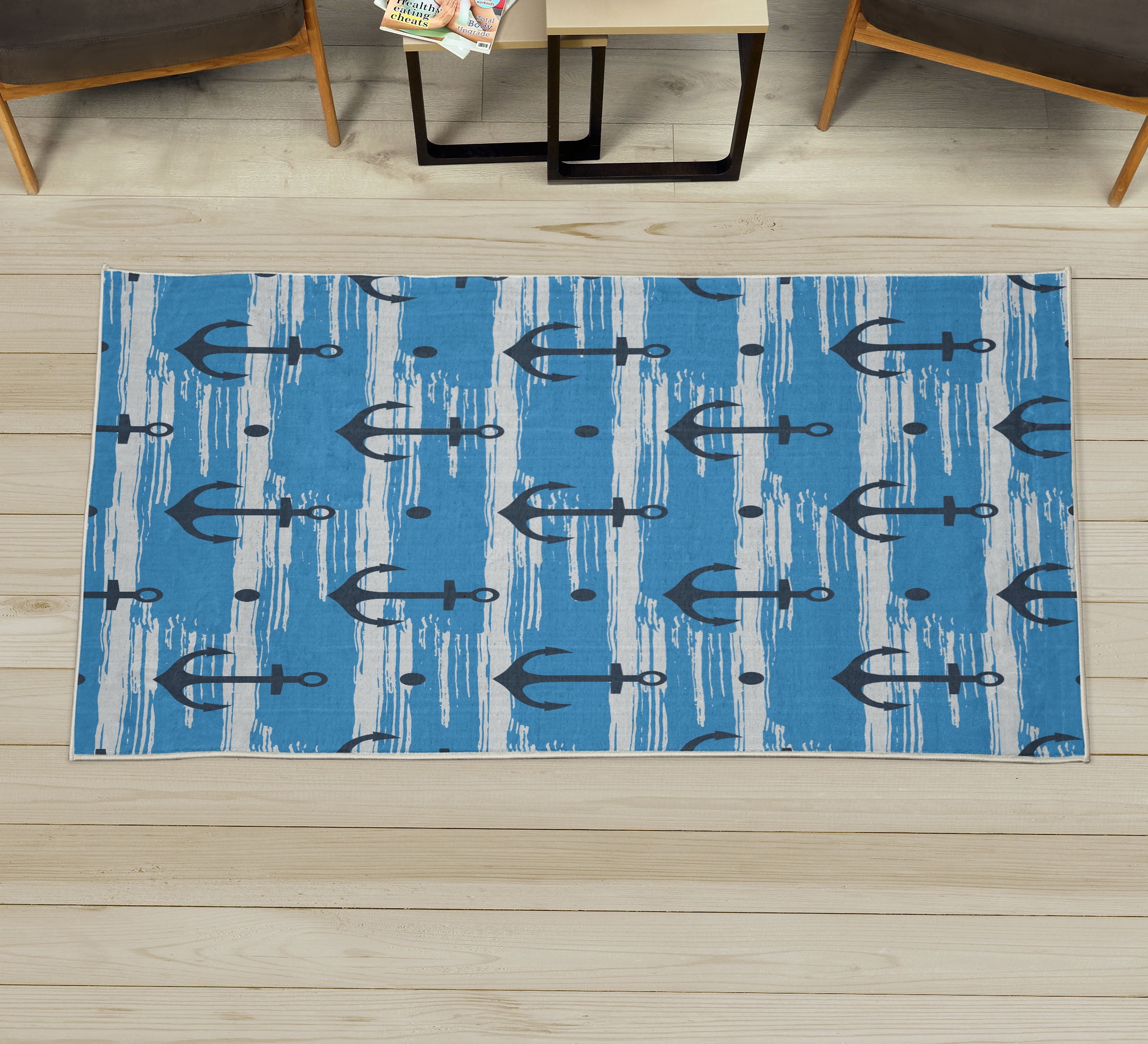 Marine Decorative Rug, Anchors and Skulls Crossed Bones Dots Pirate ...