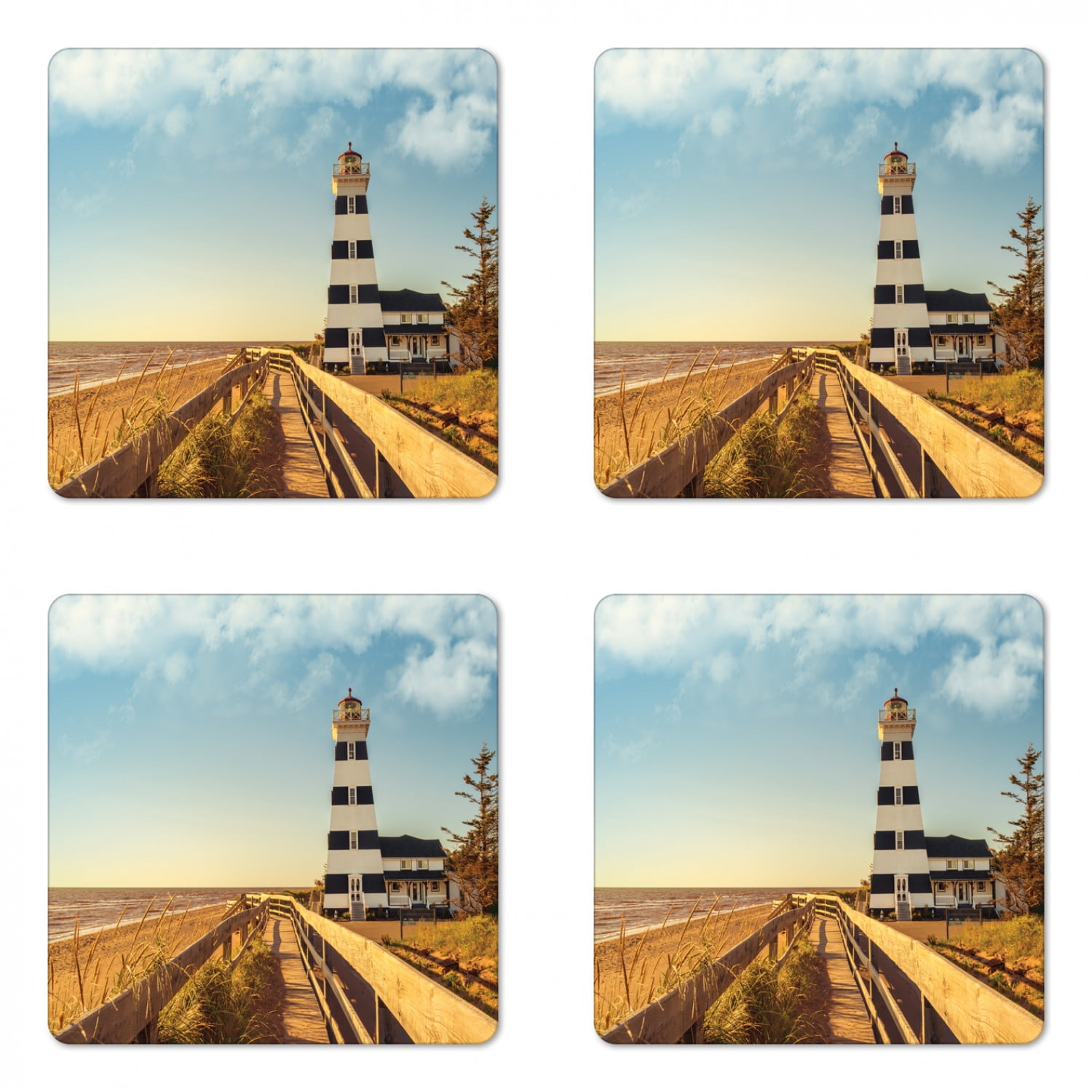 Lighthouse Coaster Set of 4, Sandy Coastal Beach with Lighthouse Sea ...