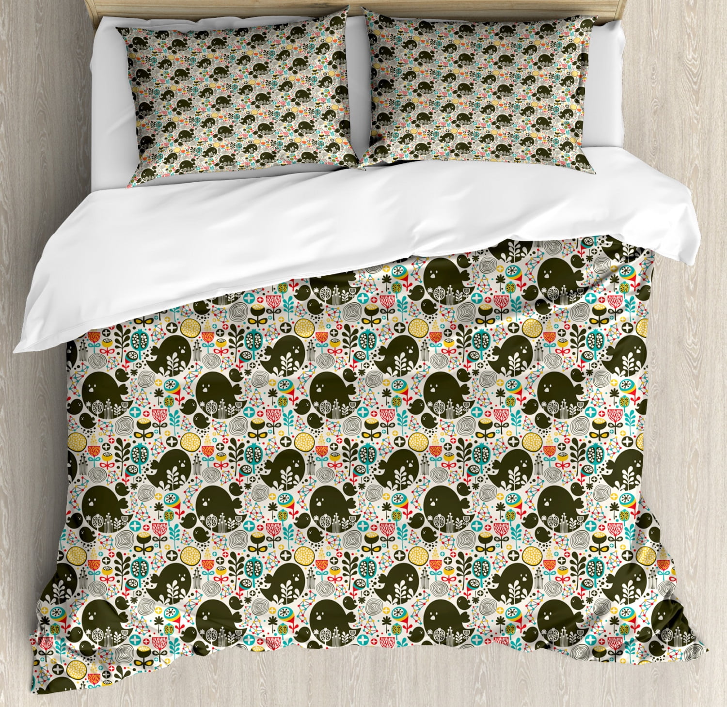 Floral Duvet Cover Set King Size, Pattern with Funny Chubby Birds ...