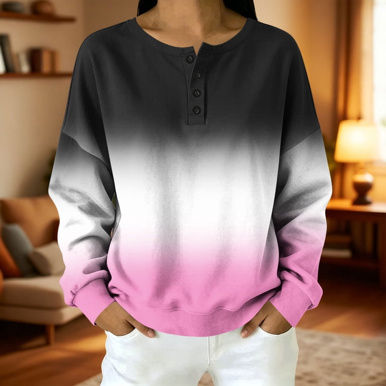 Qgtaibl Womens Long Sleeve Henley Sweatshirts Fashion Gradient Color ...