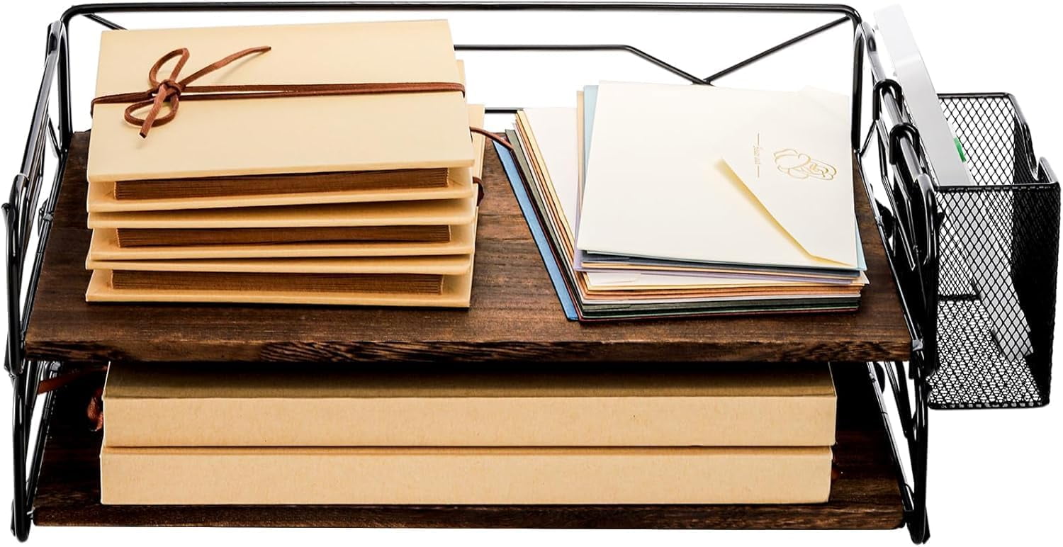 SHIQI-2-Tier Stackable Paper Tray, Vintage Wood and Metal Desktop File ...