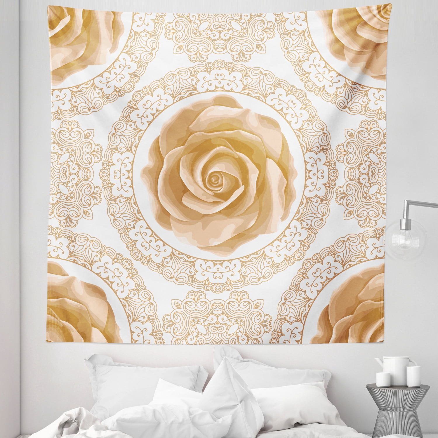 Floral Tapestry, Rose Florets with Classic Graphic Lace Feminine Retro ...